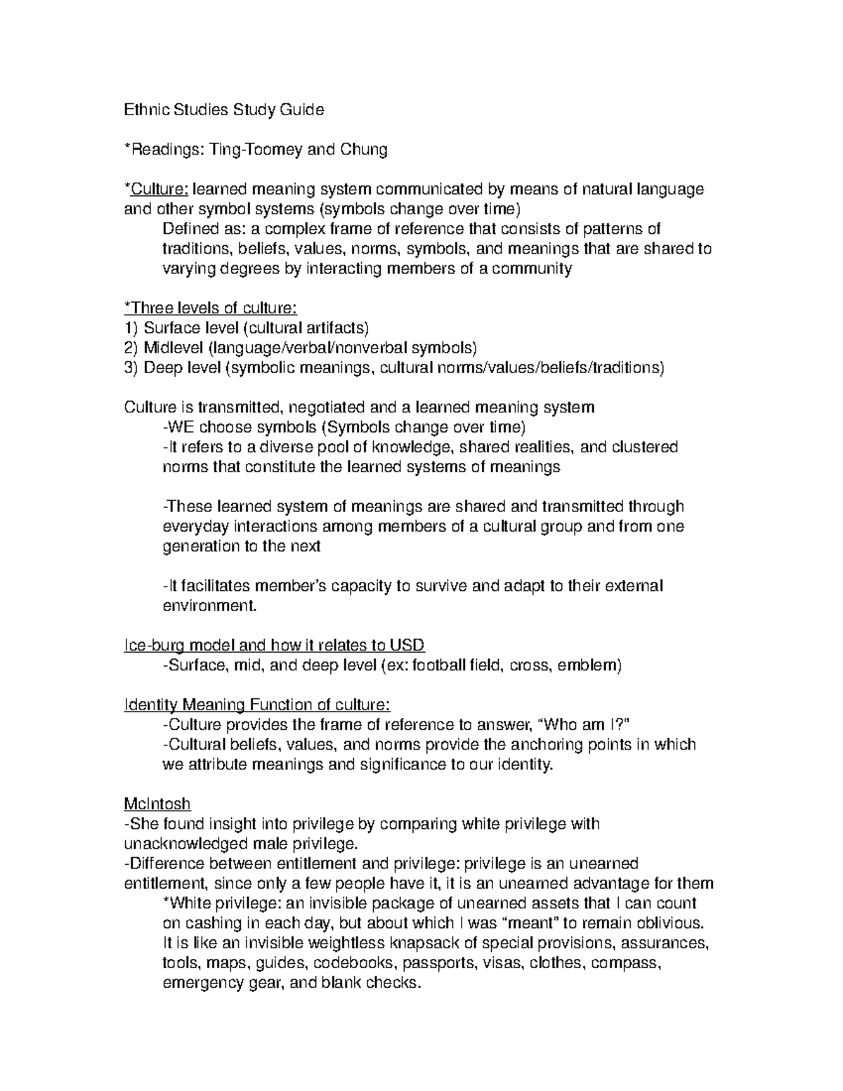 Ethnic Studies Study Guide - Ethnic Studies Study Guide *Readings: Ting ...
