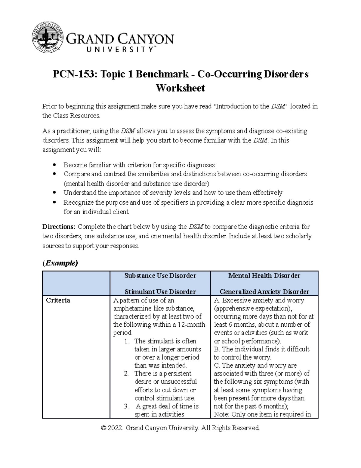 PCN 153 RS T1Benchmark Co Occurring Disorders Worksheet - PCN-153 - GCU ...