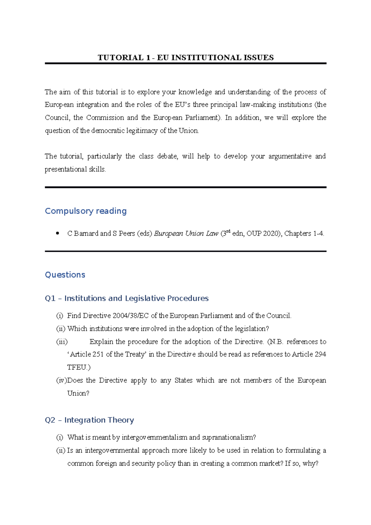 Tutorial 1 - please ingore this - TUTORIAL 1 - EU INSTITUTIONAL ISSUES ...