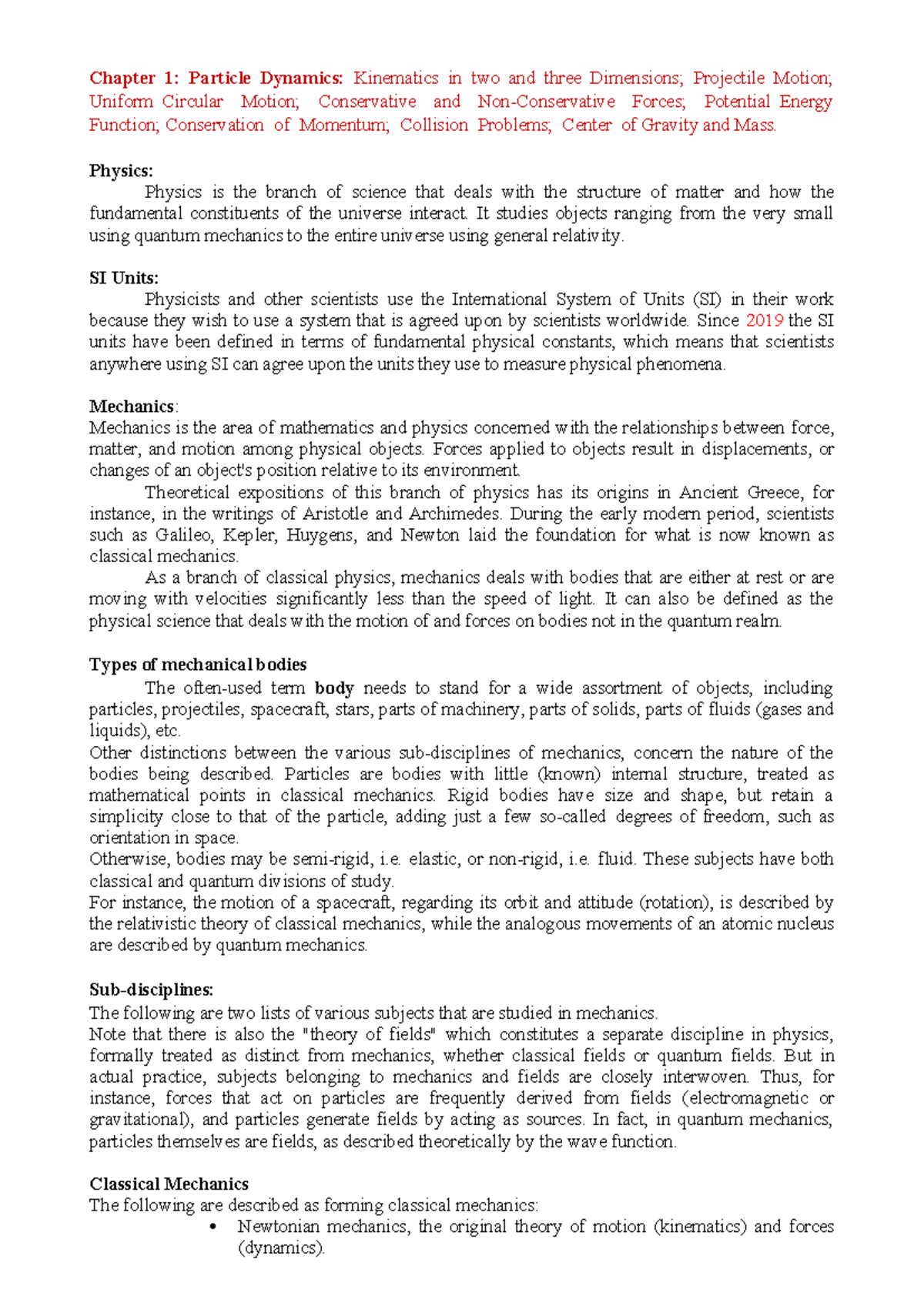 Chapter 1 - Particle Dynamics - Physics: Physics is the branch of science that deals with the ...