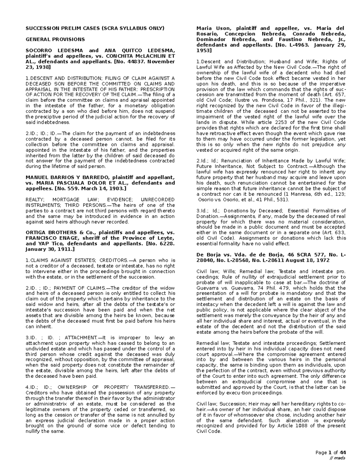 Succession cases - SUCCESSION PRELIM CASES (SCRA SYLLABUS ONLY) GENERAL ...