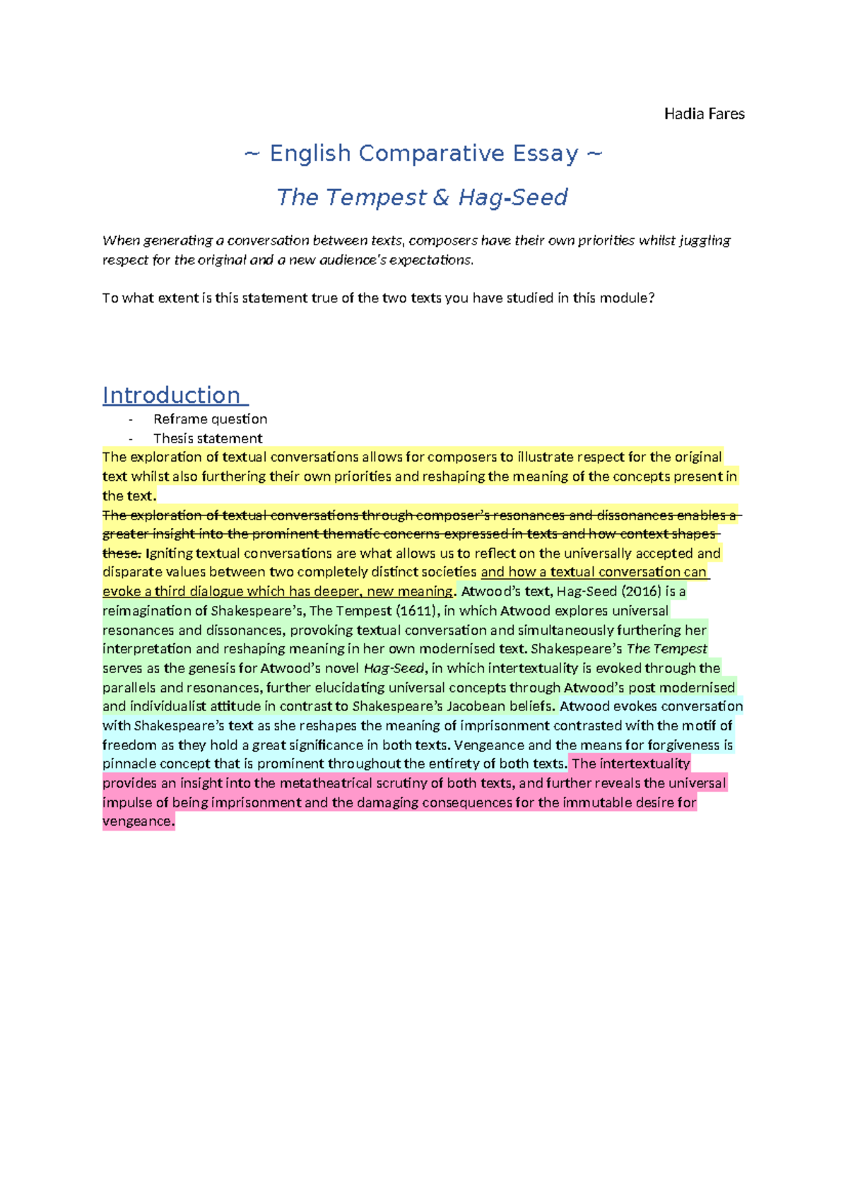 Hadia Fares - Tempest and Hag-Seed comparative essay - Hadia Fares ...