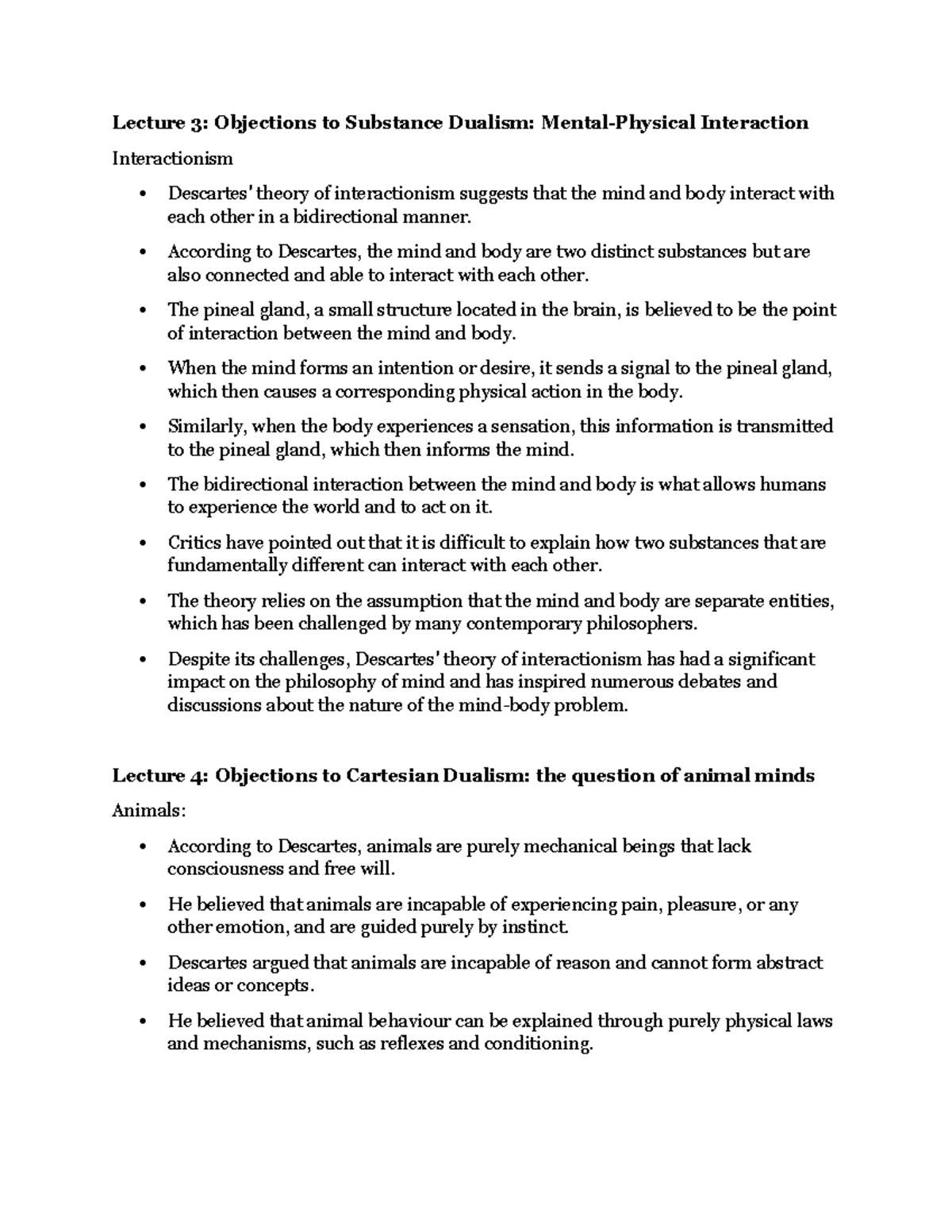 Lecture 3 and 4 - Lecture 3: Objections to Substance Dualism: Mental ...
