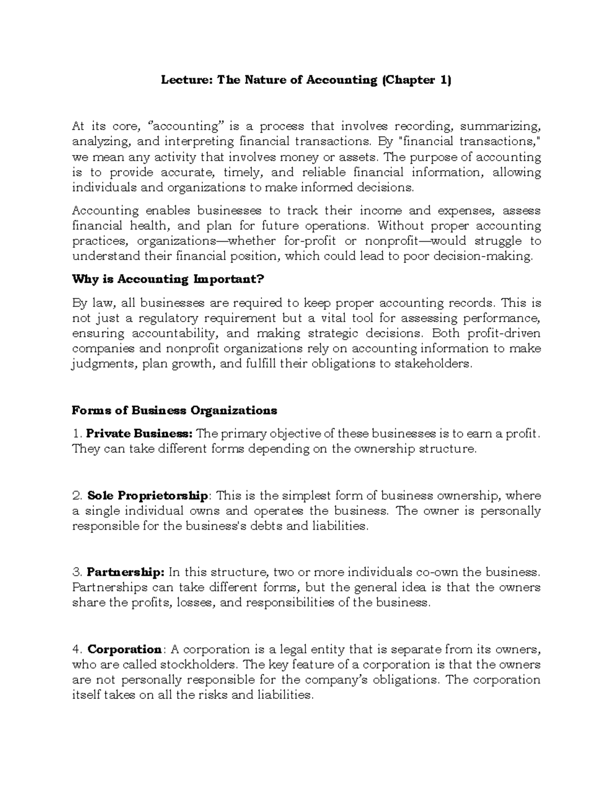 Lecture Note 1 Accounting Is The Systematic Process Of Recording