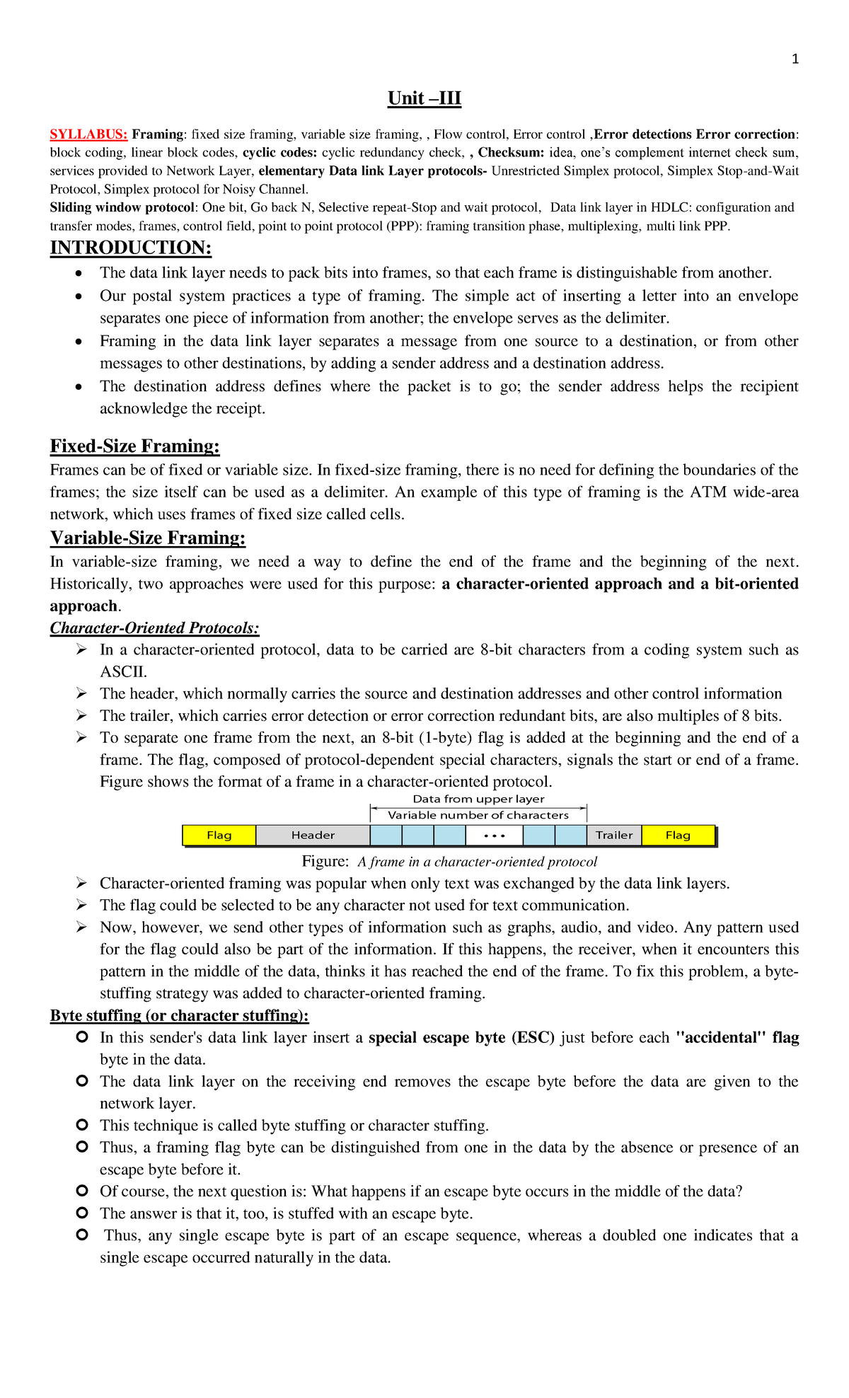 UNIT-2 - Notes CN - Unit –III SYLLABUS: Framing : fixed size framing ...