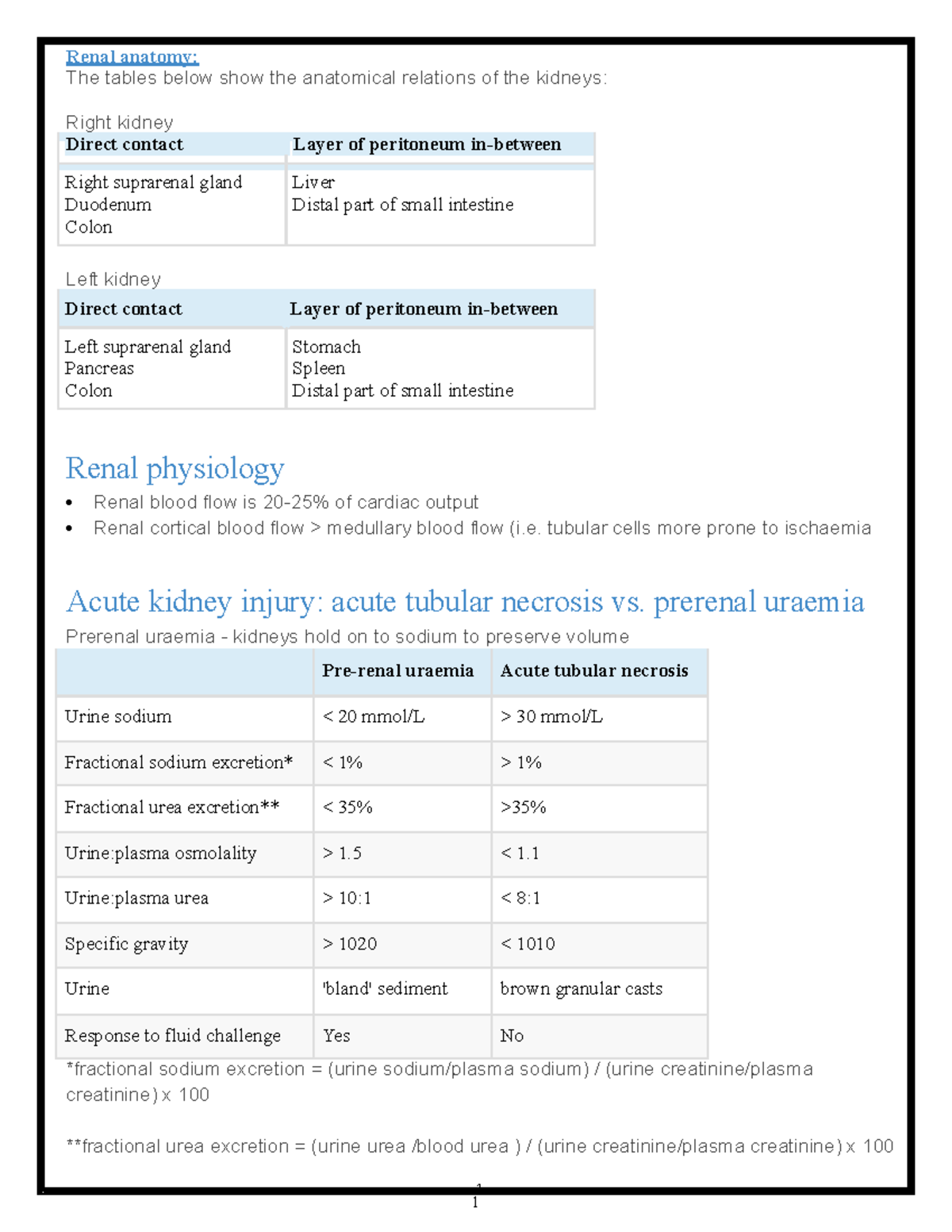 Nephrology Notes - 1 Renal anatomy: The tables below show the ...