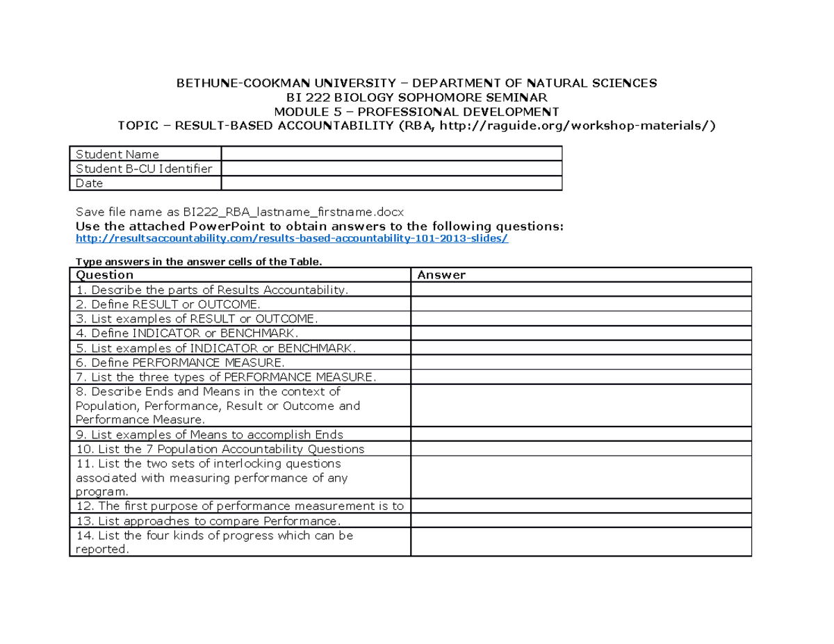 BI222 RBA Assignment - BETHUNE-COOKMAN UNIVERSITY – DEPARTMENT OF ...
