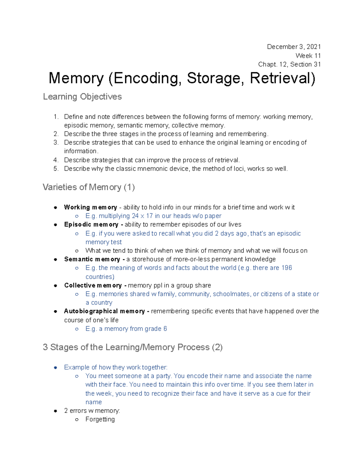 Psyc 100 Week 11 Notes December 3 2021 Week 11 Chapt 12 Section 31 Memory Encoding