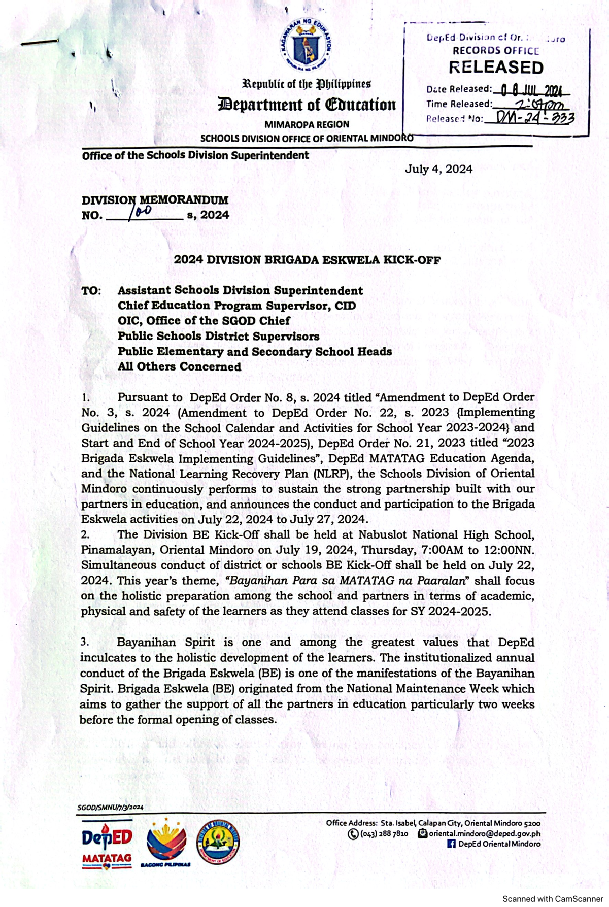 DM100 2024 Division Brigada Eskwela Kick - NG G DepEd Division cf Or ...