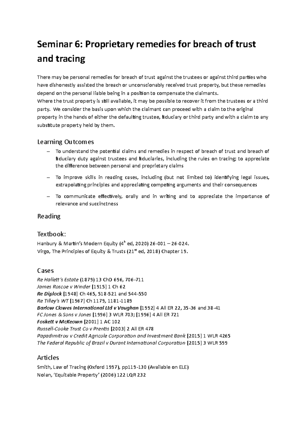 seminar on topic of Tracing - Seminar 6: Proprietary remedies for ...