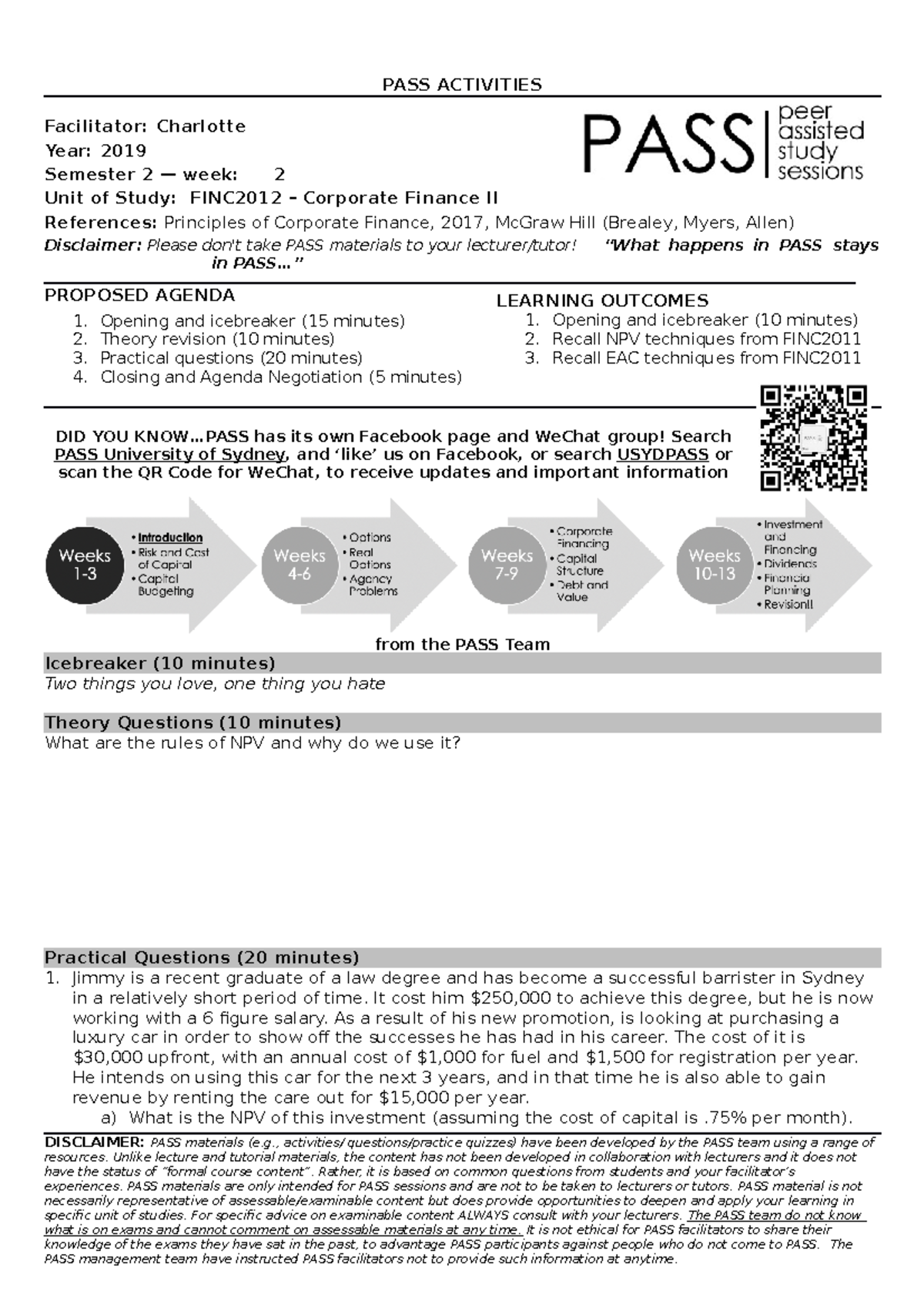 Session 1, Week 2, Introduction & NPV - PASS ACTIVITIES Facilitator ...