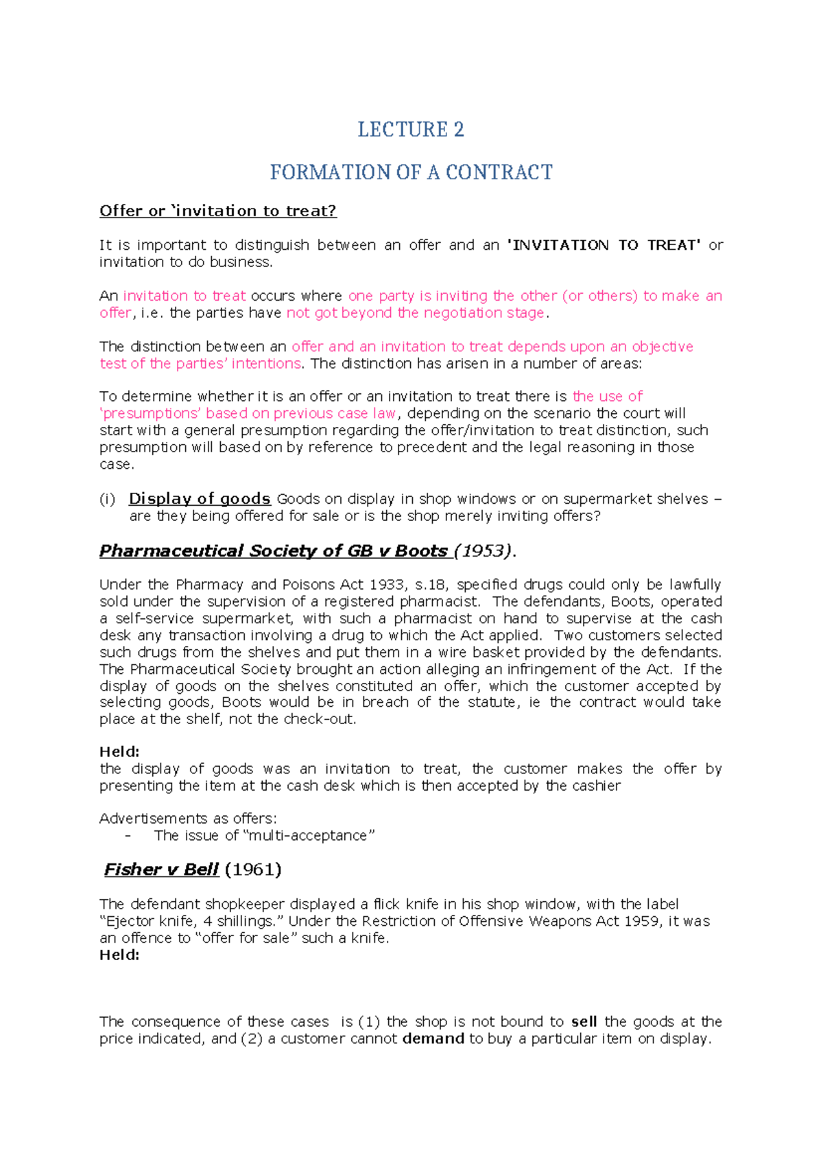 Law of contract - lecture 2 - LECTURE 2 FORMATION OF A CONTRACT Offer ...