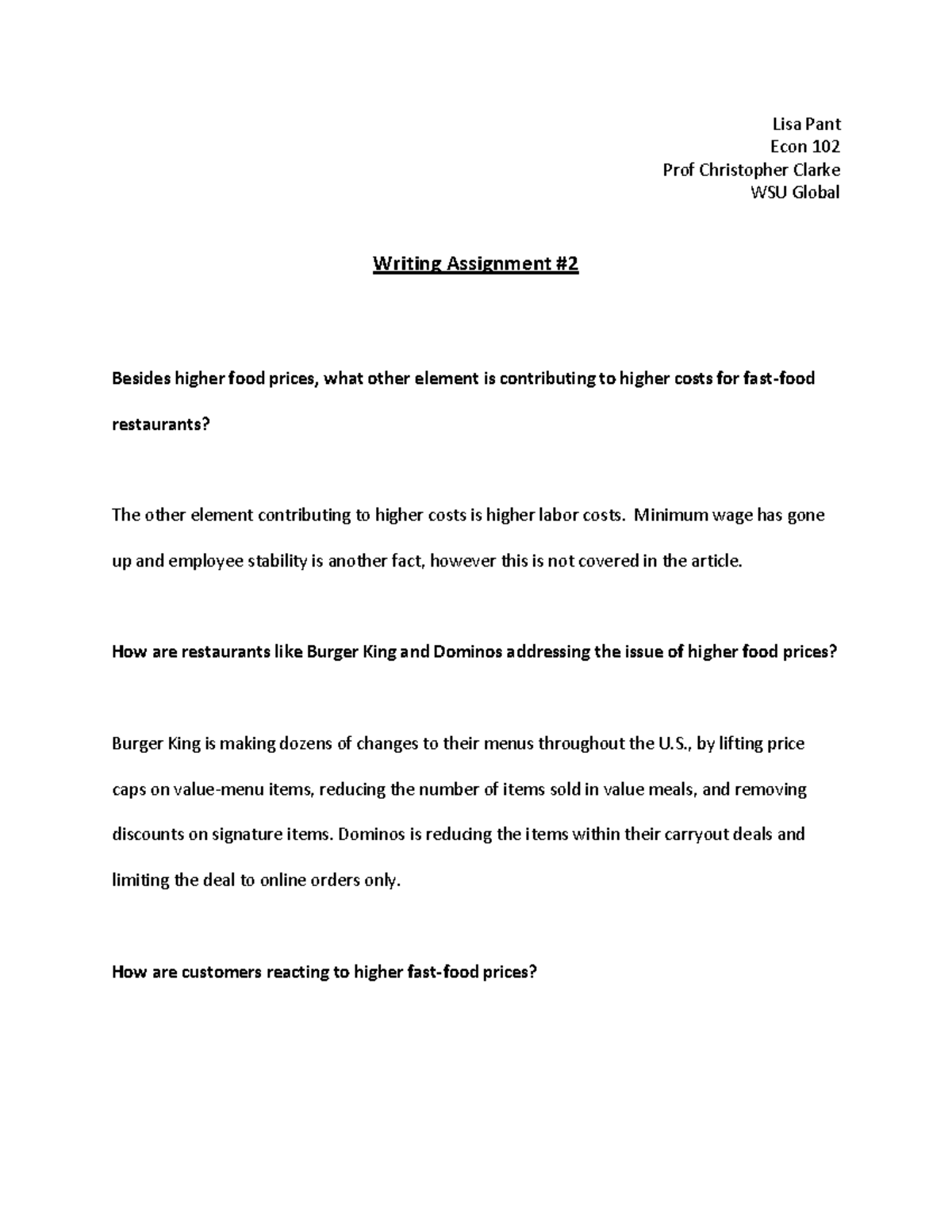 Writing Assignment 2 - Econ 102 Lisa Pant Prof Christopher Clarke WSU ...