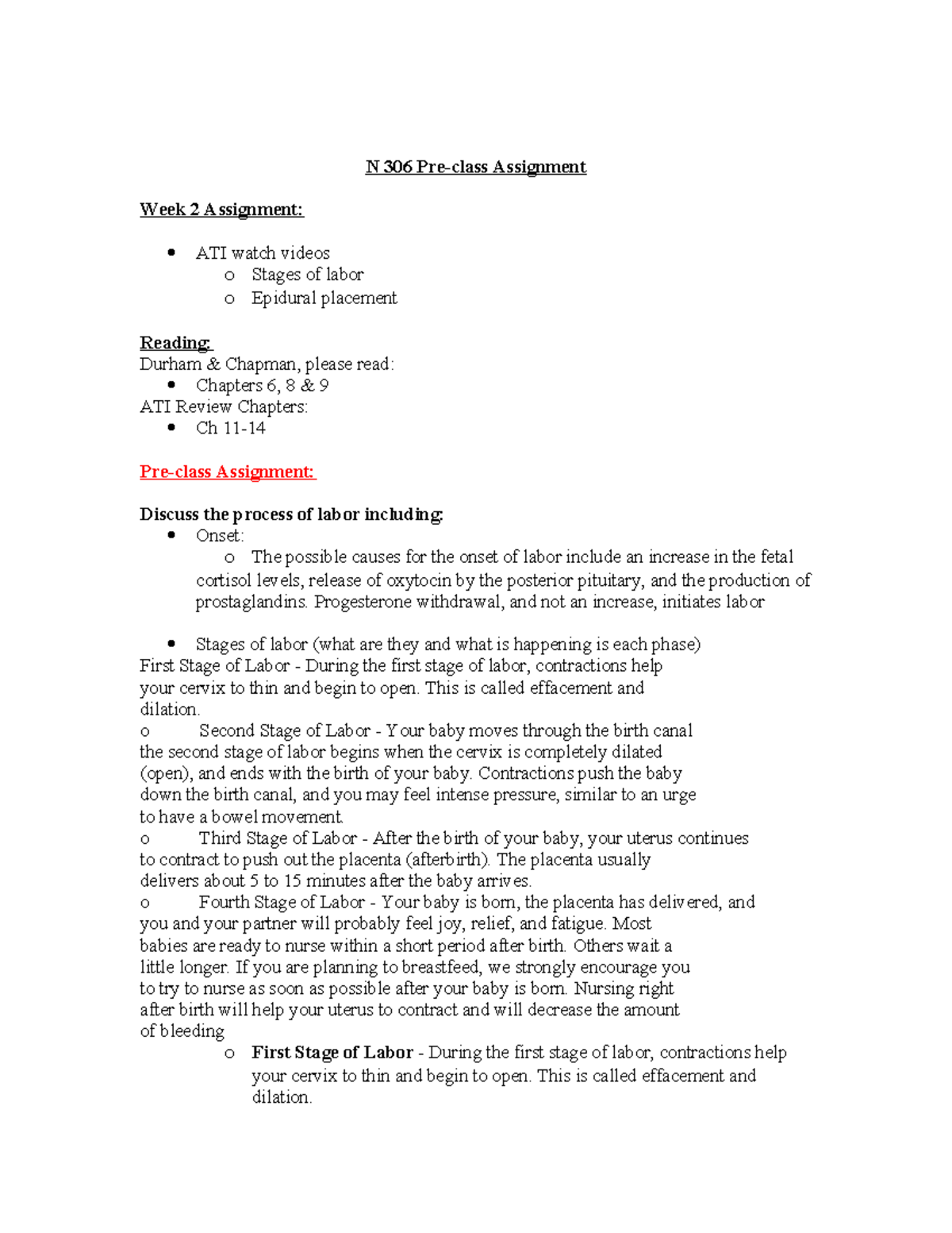 N306 week 2 PCA - PCA - N 306 Pre-class Assignment Week 2 Assignment: ATI watch videos o Stages ...