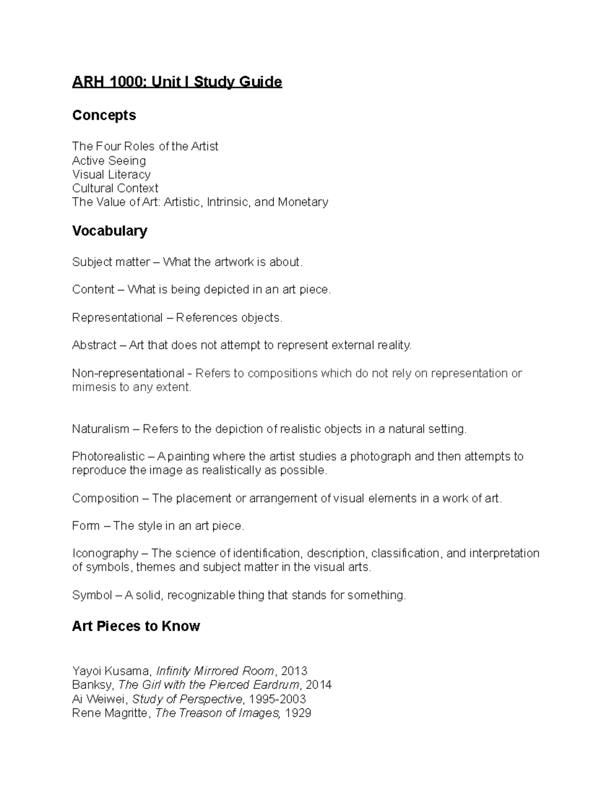 ARH 1000 Unit I Study Guide - ARH Unit I Study Guide Concepts The Four ...