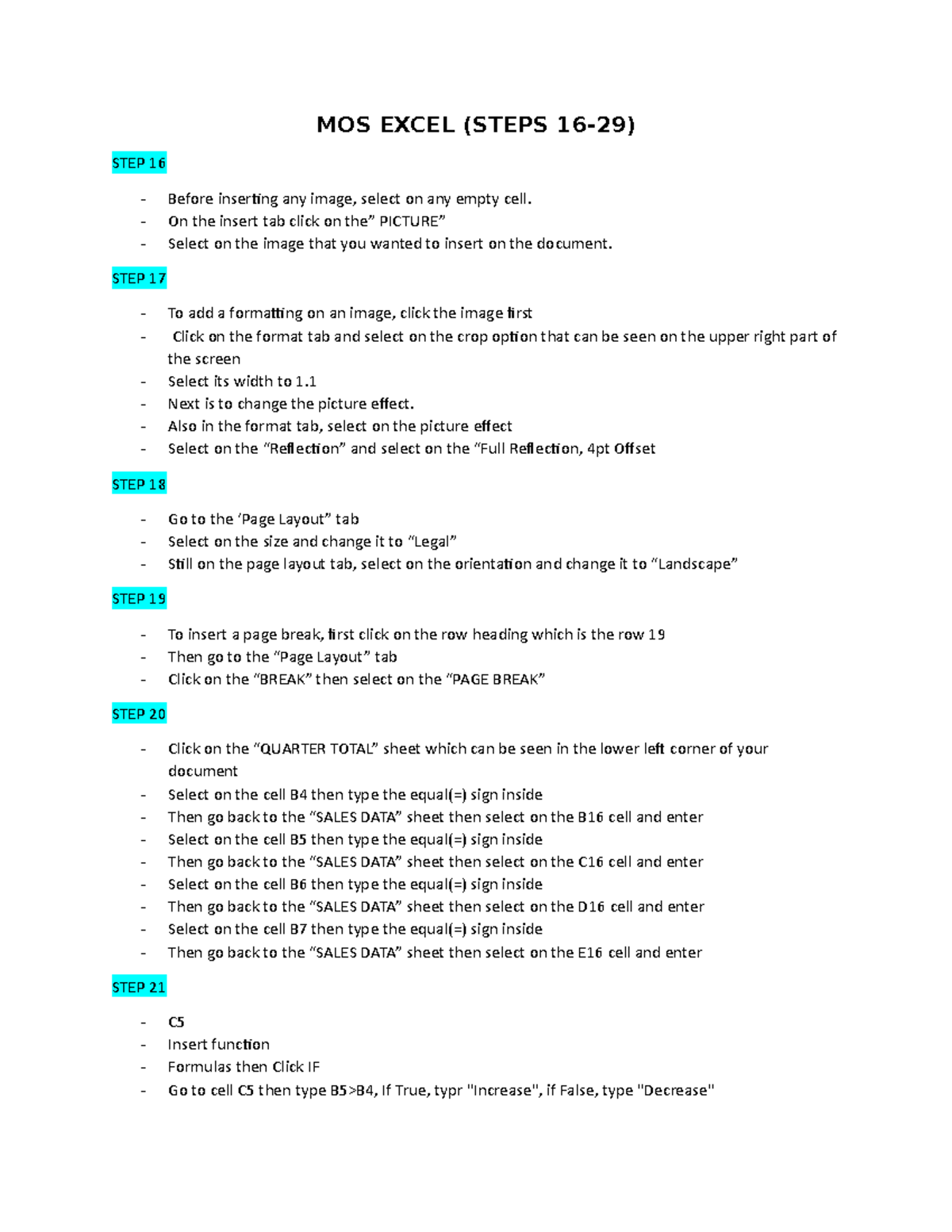 Steps (16-29) - gdocs - MOS EXCEL (STEPS 16-29) STEP 16 Before ...