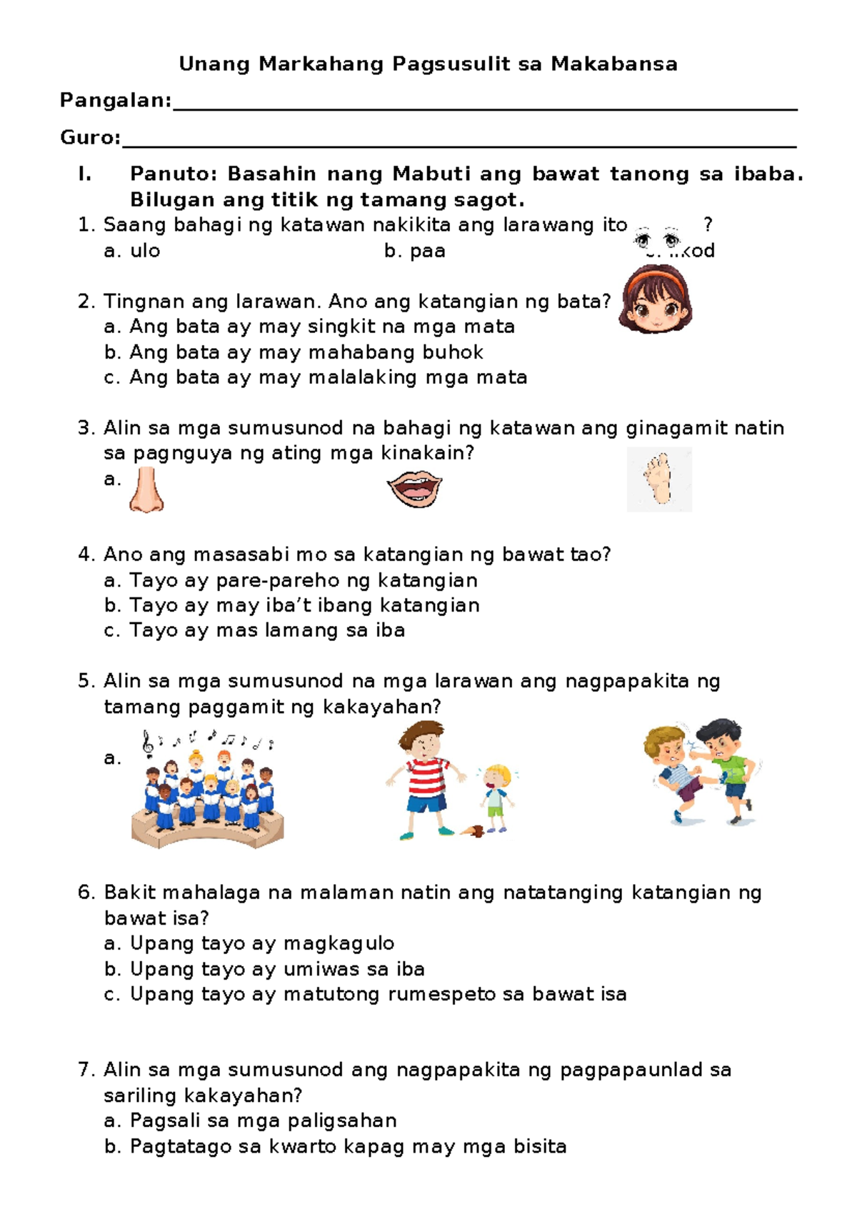 Makabansa Exam - Unang Markahang Pagsusulit sa Makabansa - Studocu