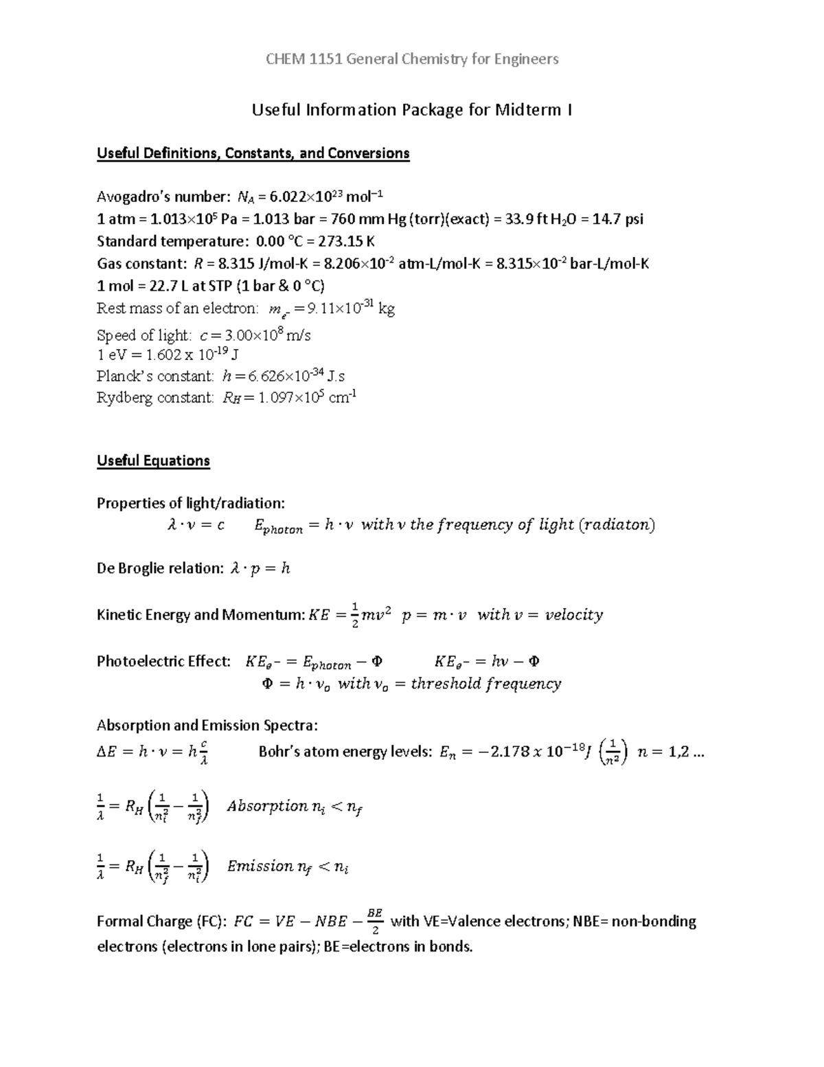 Reference Sheet for Chem. Final - Useful Information Package for ...