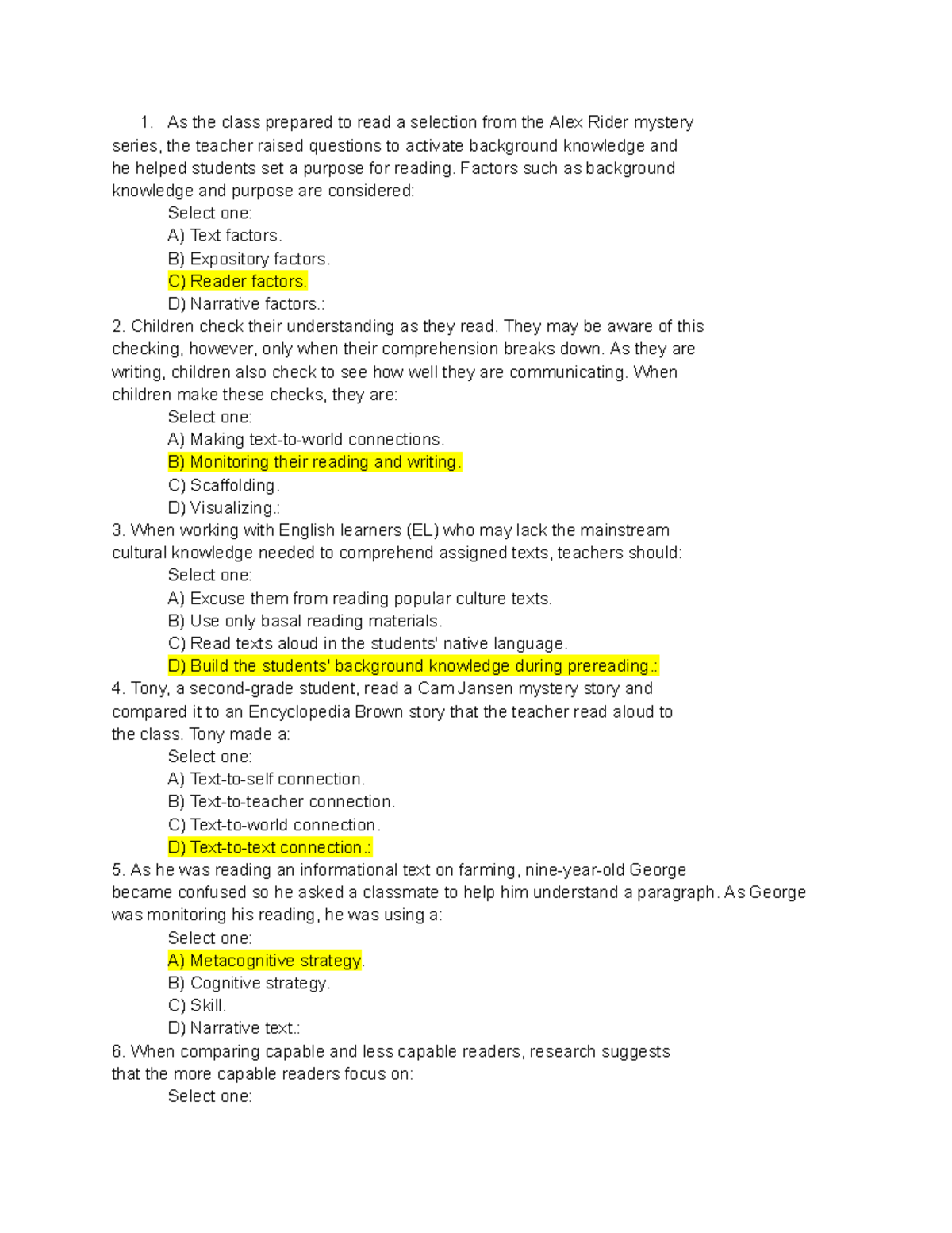 Chapter 8 Quiz - As the class prepared to read a selection from the ...