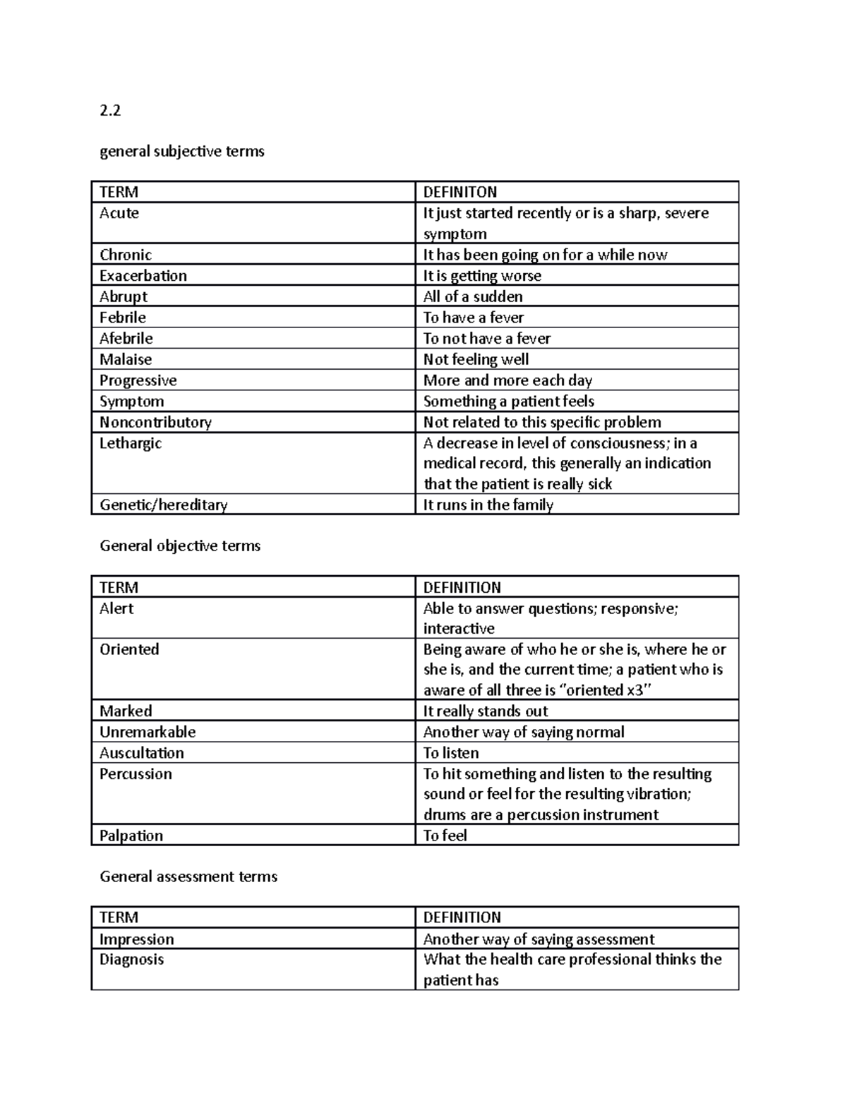 Words 3 - 2. general subjective terms TERM DEFINITON Acute It just ...
