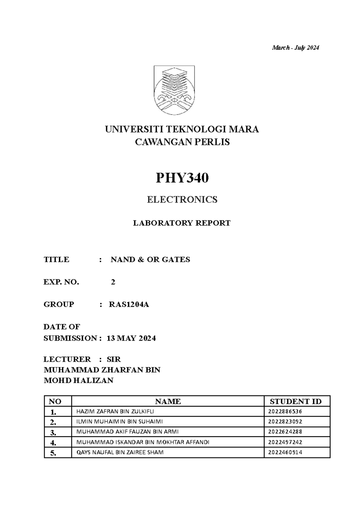 Front PAGE LAB PHY340 - lab report - March - July 2024 UNIVERSITI TEKNOLOGI MARA CAWANGAN PERLIS ...