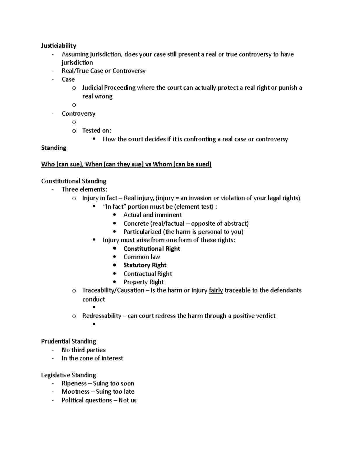 Justiciability - con law standing - Justiciability - Assuming ...