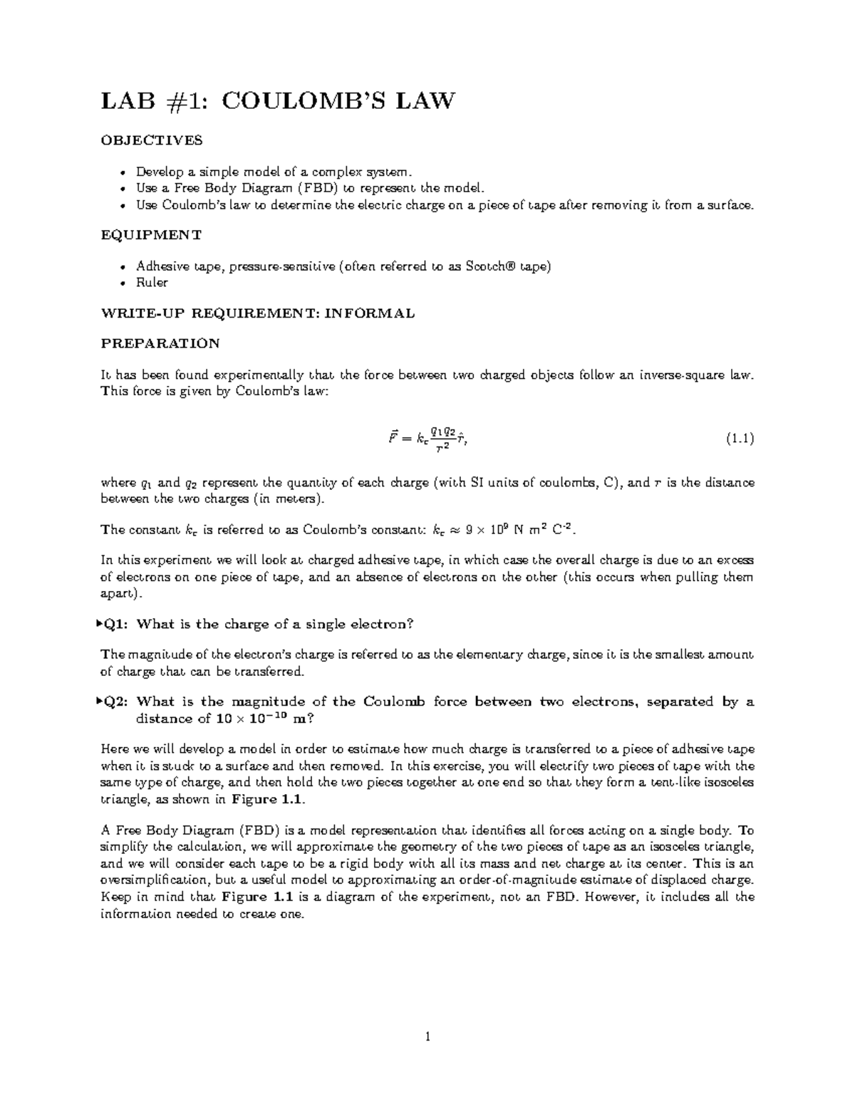 Lab 1 - Coulombs Law - i want it quick - OBJECTIVES Develop a simple ...