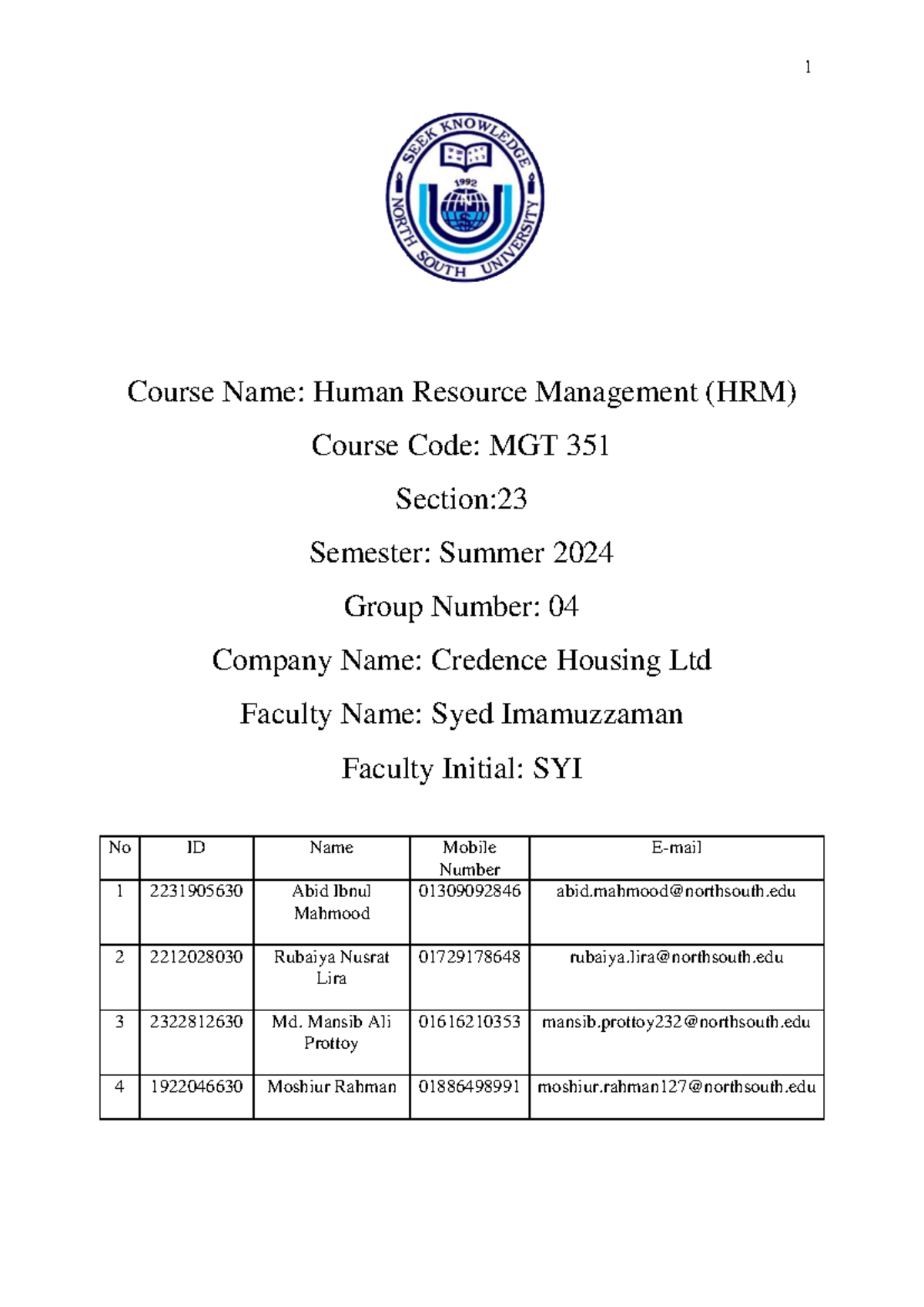 Creedence-Housing-Limited - Course Name: Human Resource Management (HRM ...