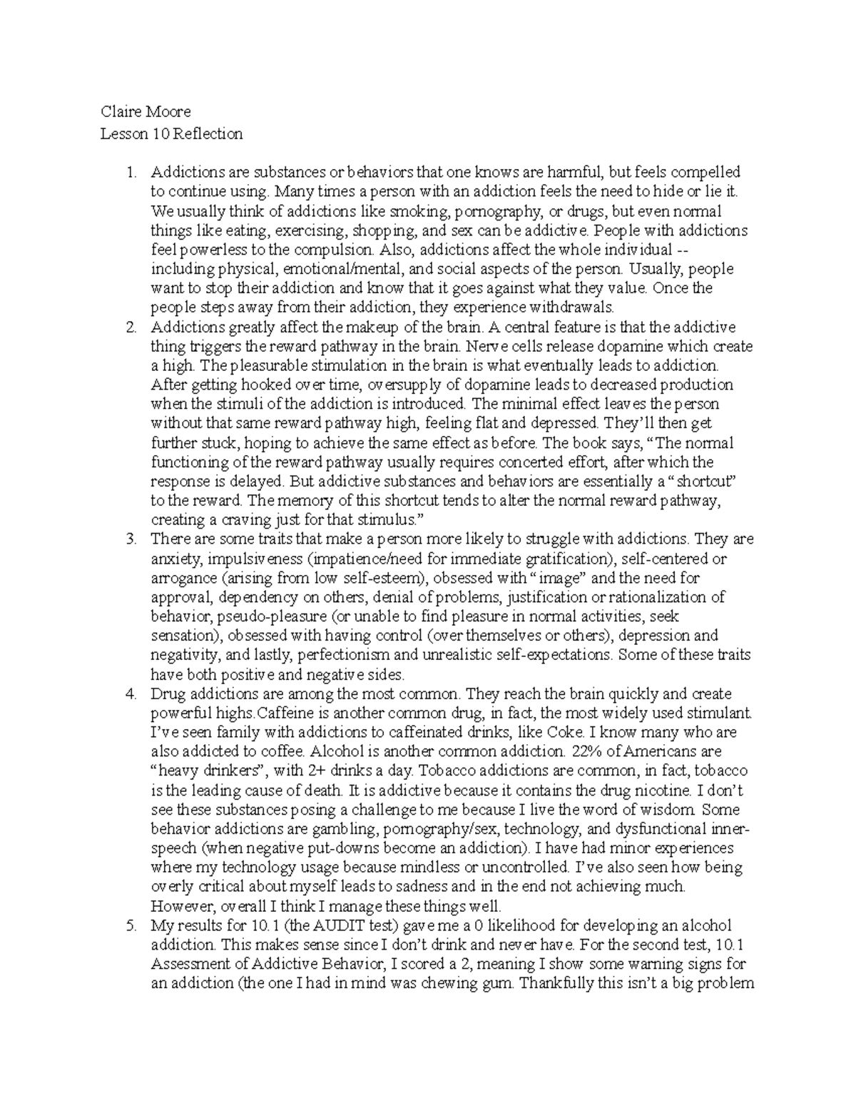 Lesson 10 Reflection - Claire Moore Lesson 10 Reflection Addictions are ...