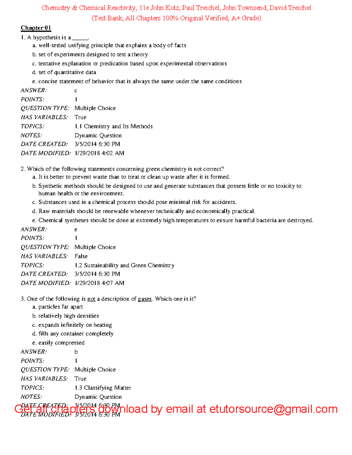 Test Bank For Chemistry & Chemical Reactivity, 11e John Kotz, Paul ...