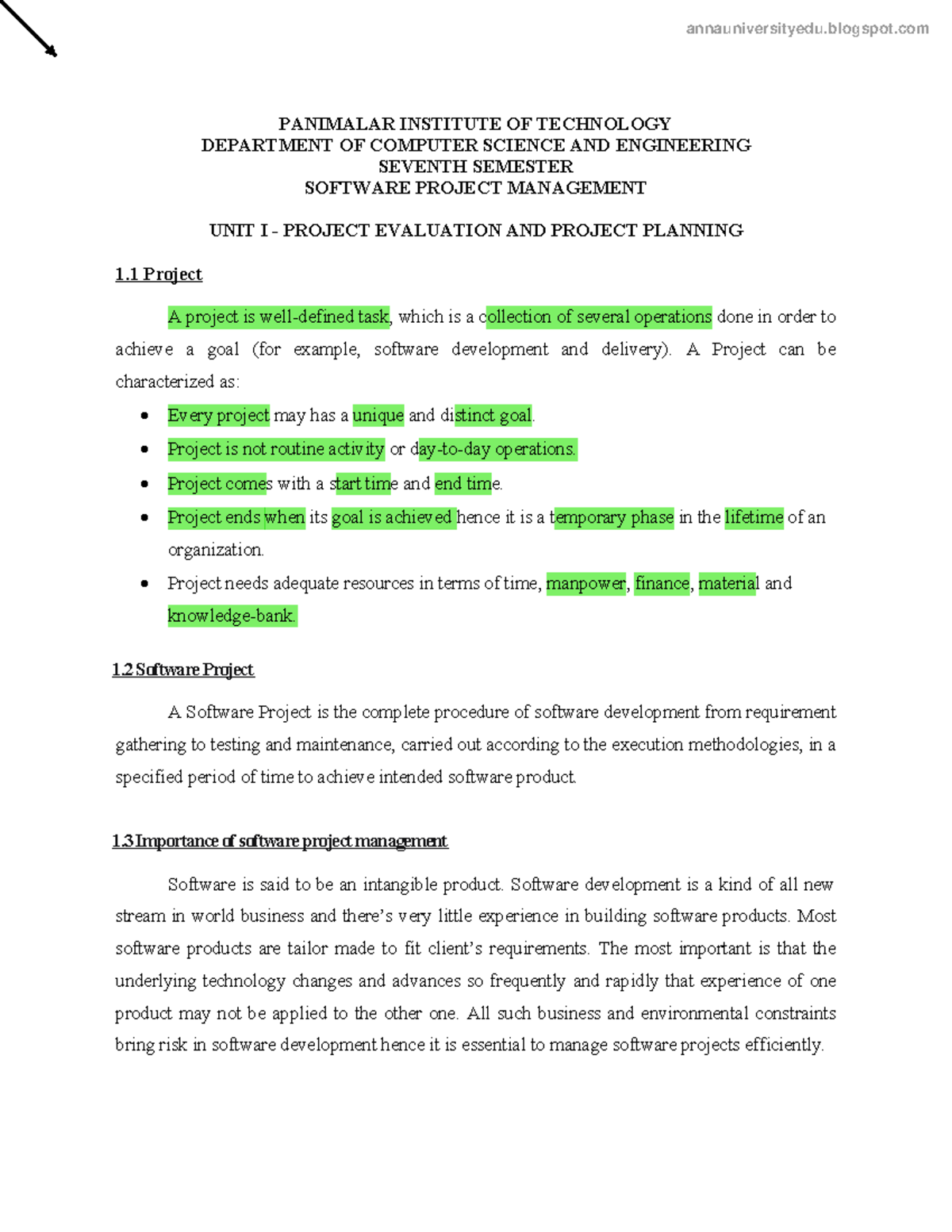 SPM UNIT 1 Notes - PANIMALAR INSTITUTE OF TECHNOLOGY DEPARTMENT OF ...