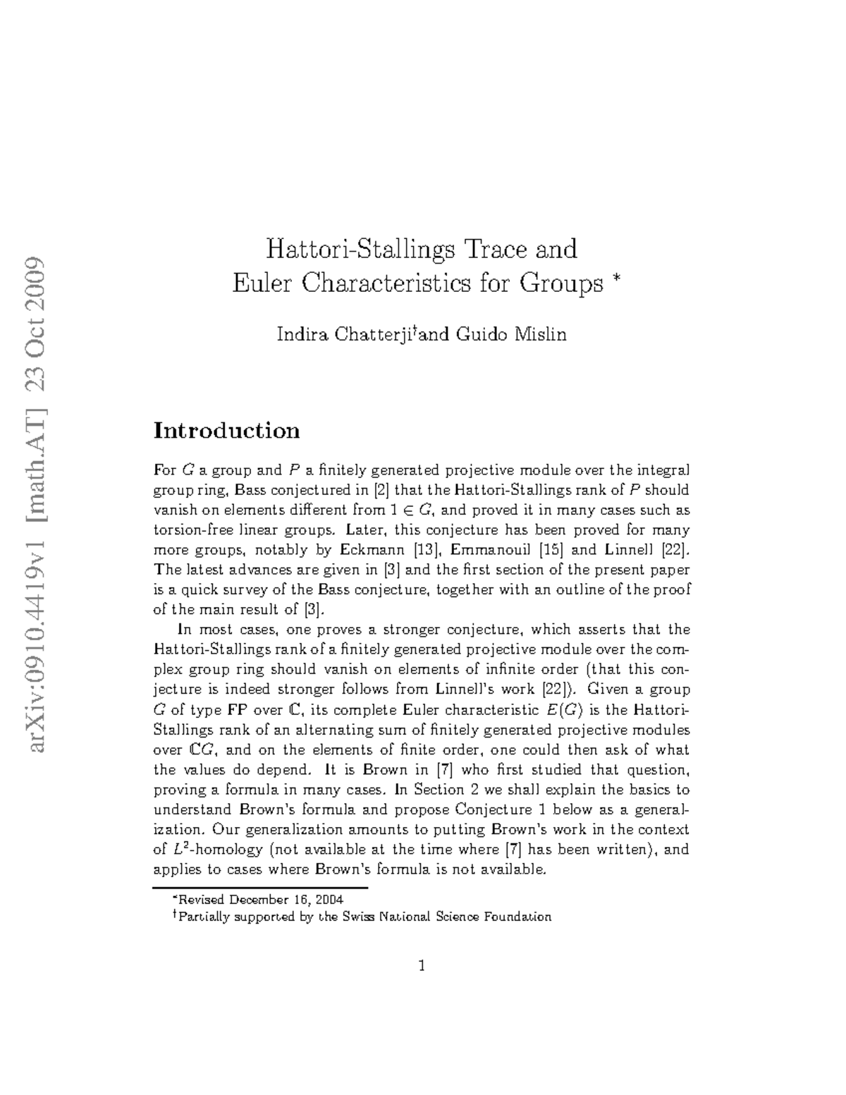 0910 - Cours - arXiv:0910 [math] 23 Oct 2009 Hattori-Stallings Trace ...