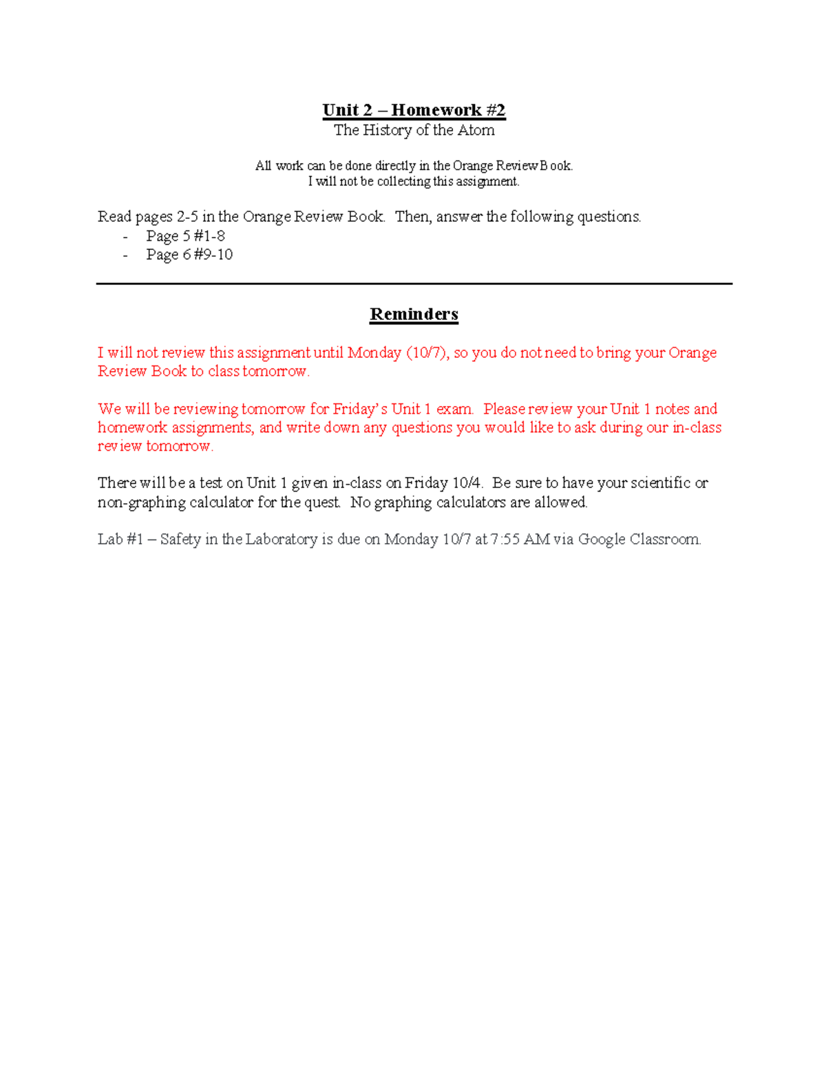 Unit 2 - Homework #2 - Unit 2 – Homework # 2 The History of the Atom ...