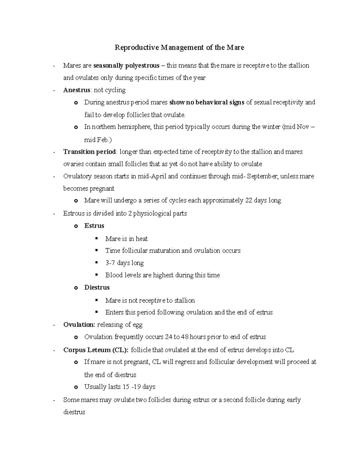 Reproductive Management of the Mare (Lecture part 1) - Reproductive ...