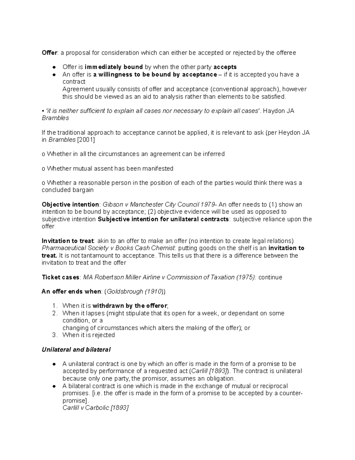 Law 725 Chapter 1 - Offer: a proposal for consideration which can ...