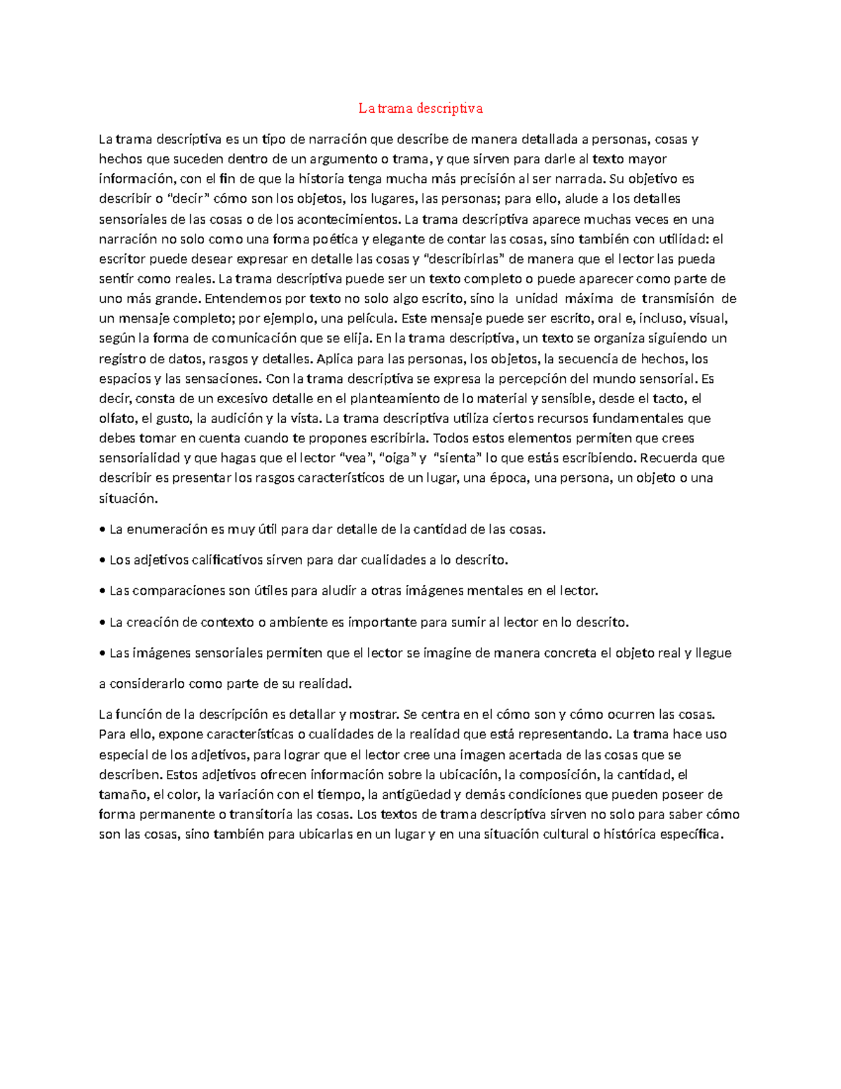 La trama descriptiva - Por favor haz un organizador gráfico de esta ...