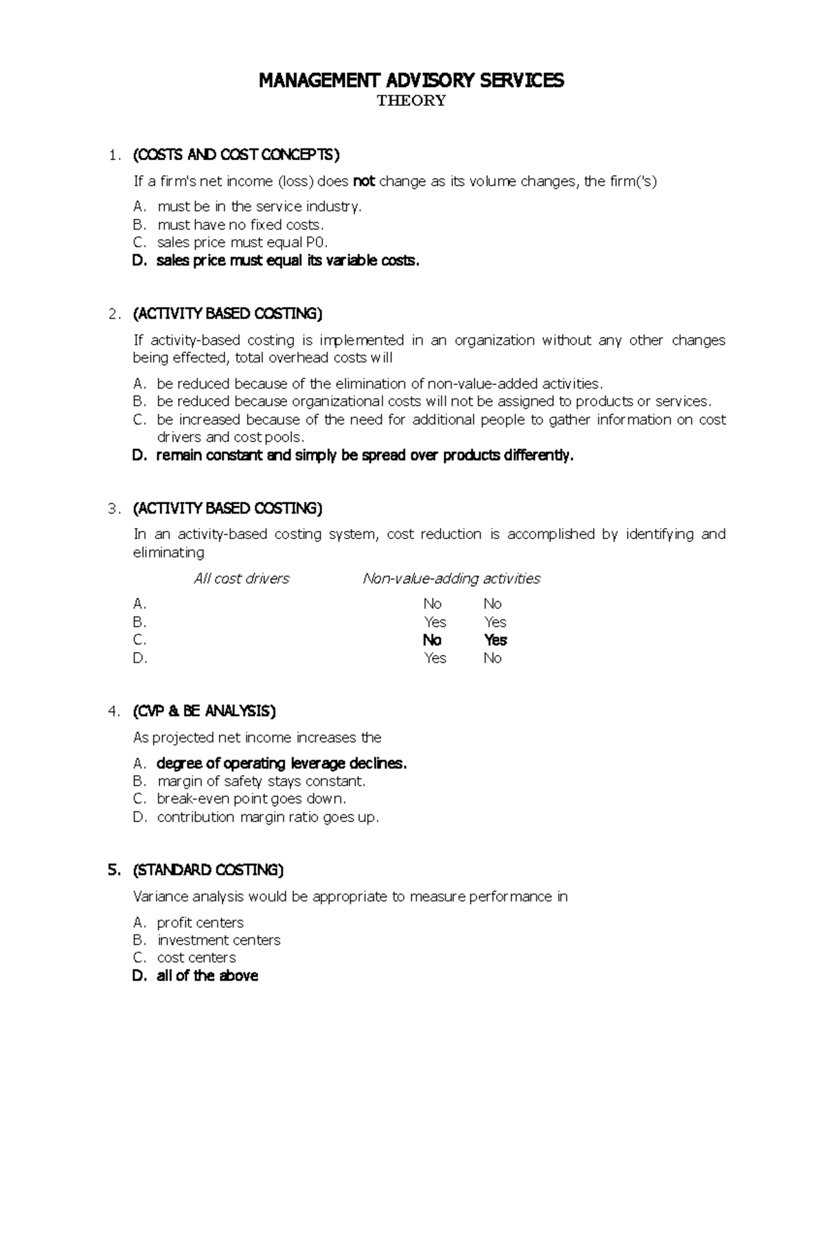 MAS Theories 2018 - MAS - MANAGEMENT ADVISORY SERVICES THEORY 1. (COSTS ...
