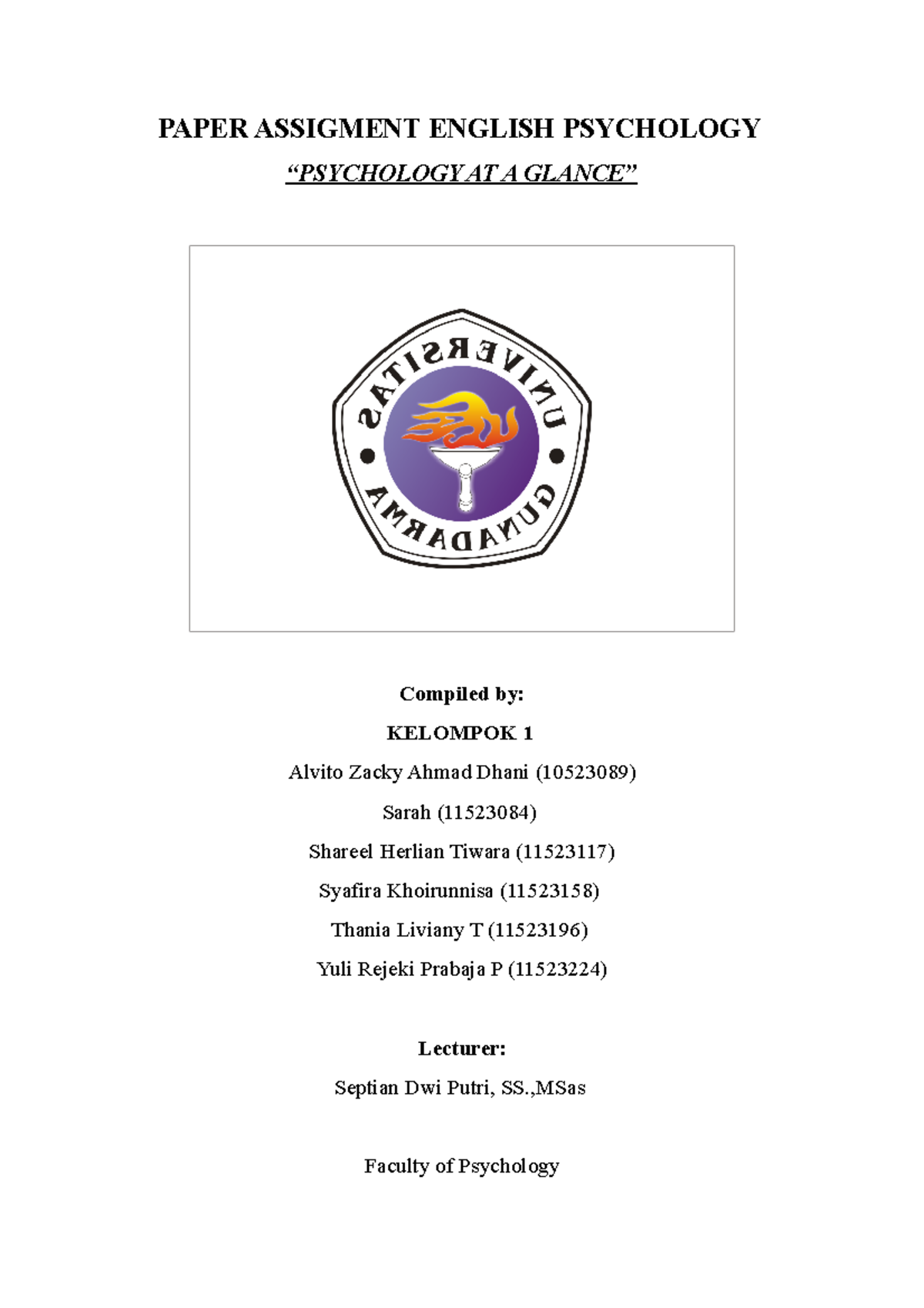 Kelompok 1 Bhs Inggris (Psychology at a Glance) - PAPER ASSIGMENT ...