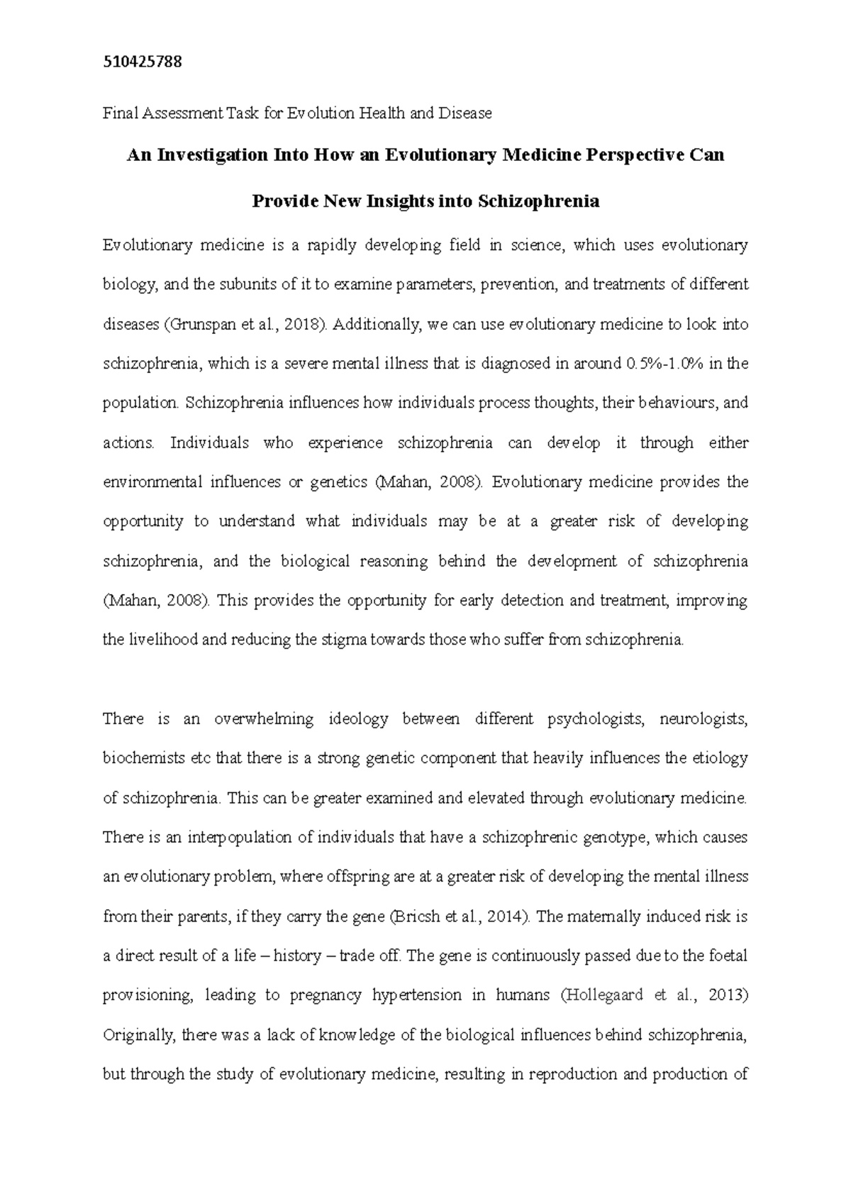 Final Assessment Task for Evolution Health and Disease - 510425788 ...