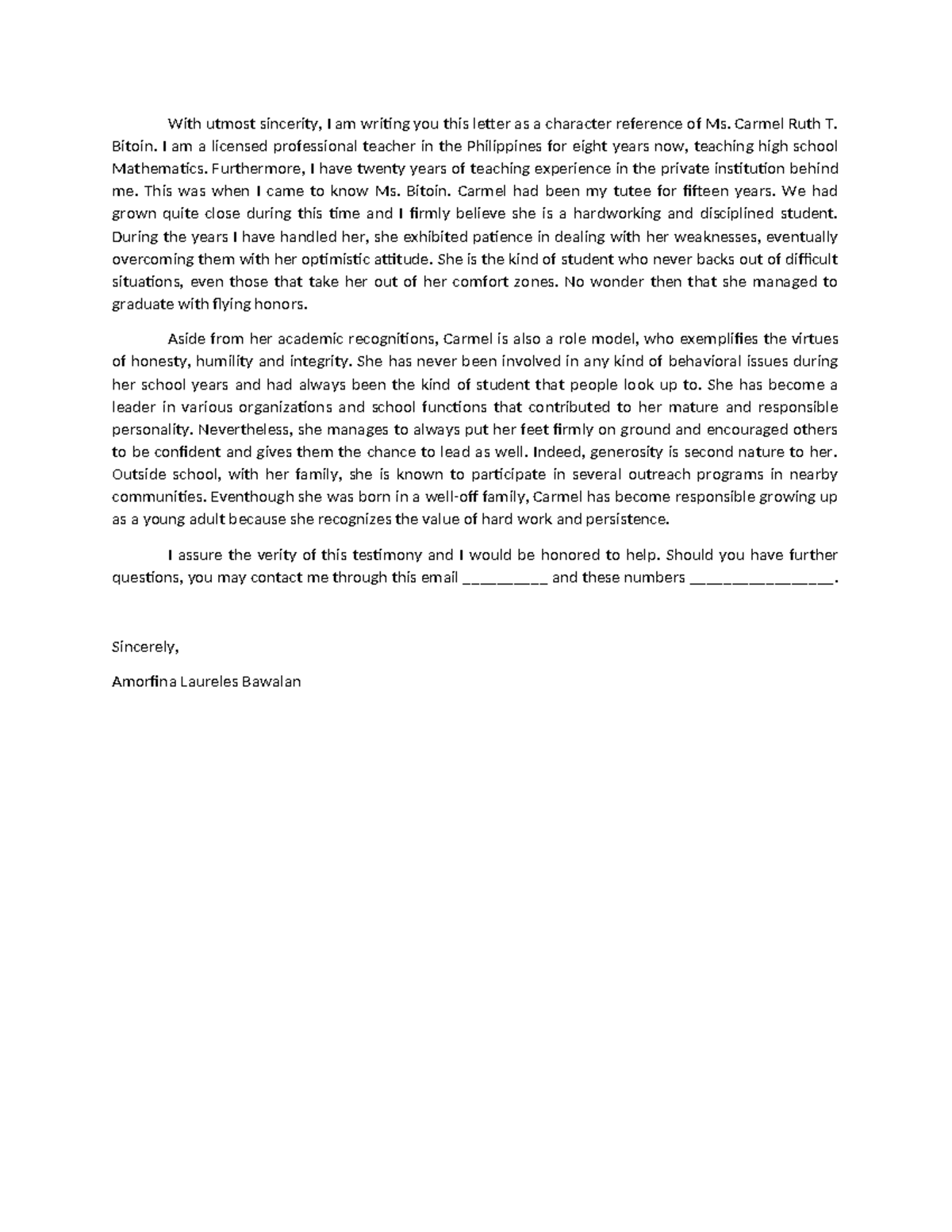 Letter - Summary BSE major in English - With utmost sincerity, I am ...