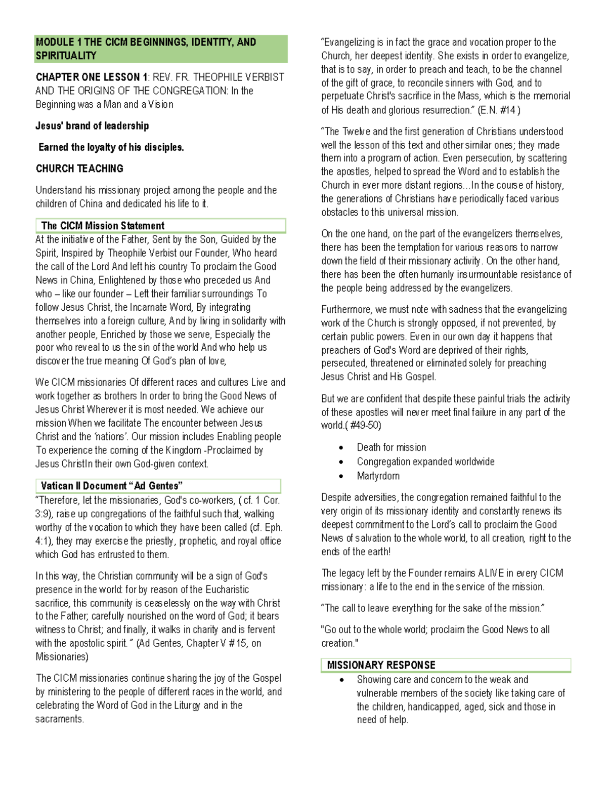 Module 1 THE CICM Beginnings - MODULE 1 THE CICM BEGINNINGS, IDENTITY ...