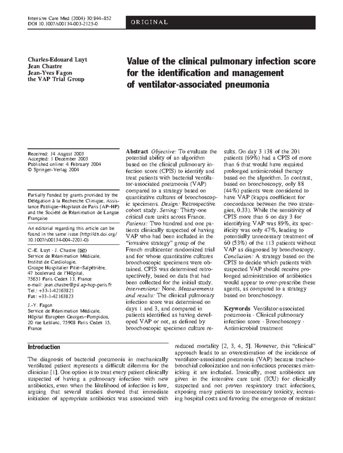 Value of he clinical pulmonary infection score for the identification ...