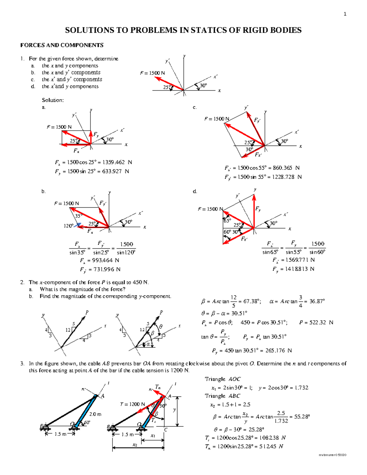 Toaz - Statics Sample Problems - ####### SOLUTIONS TO PROBLEMS IN STATICS OF RIGID BODIES FORCES ...