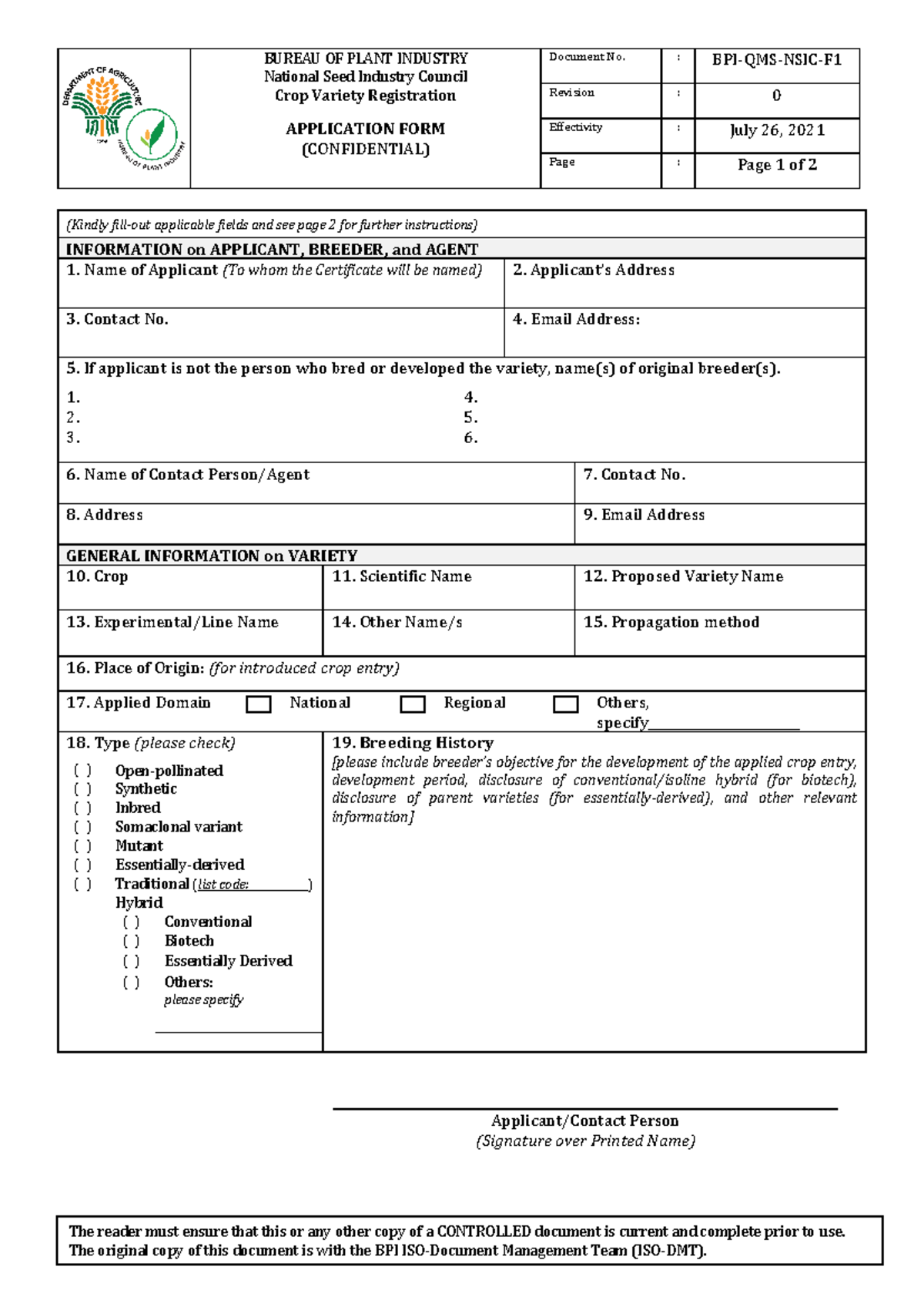 Crop Variety Registration Application Form - BUREAU OF PLANT INDUSTRY ...