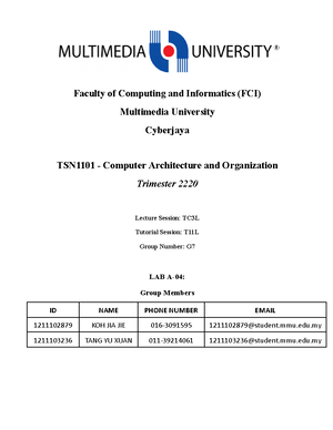 LAB A -06 - Lab A-06 Answers - COMPUTER ARCHITECTURE AND ORGANIZATION(TSN1101) TRIMESTER 2, 2022 ...