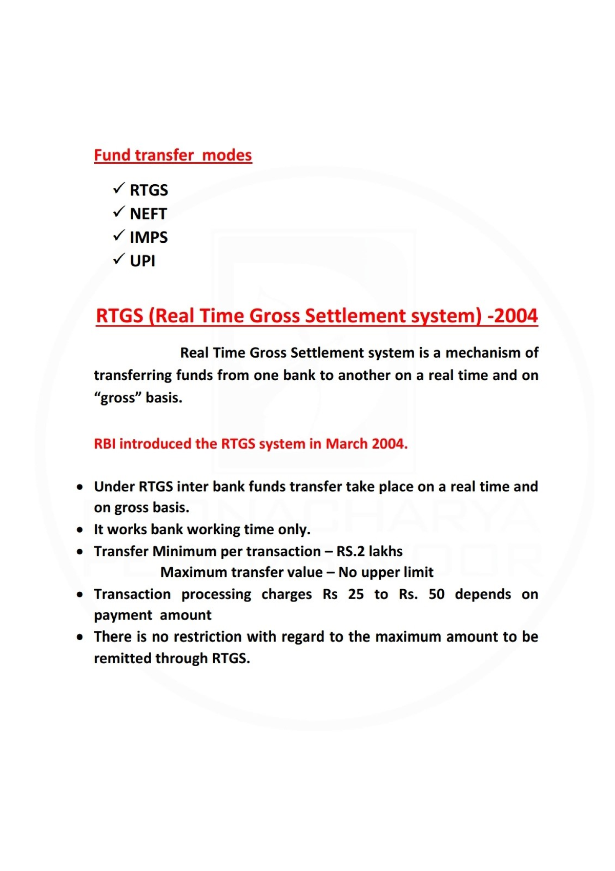 Fund transfer modes/RTGS - Modern Banking - Studocu