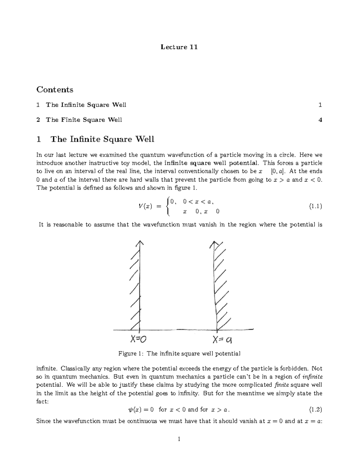 The Infinite Wall Square Well Notes Equation - Lecture 11 B. Zwiebach ...