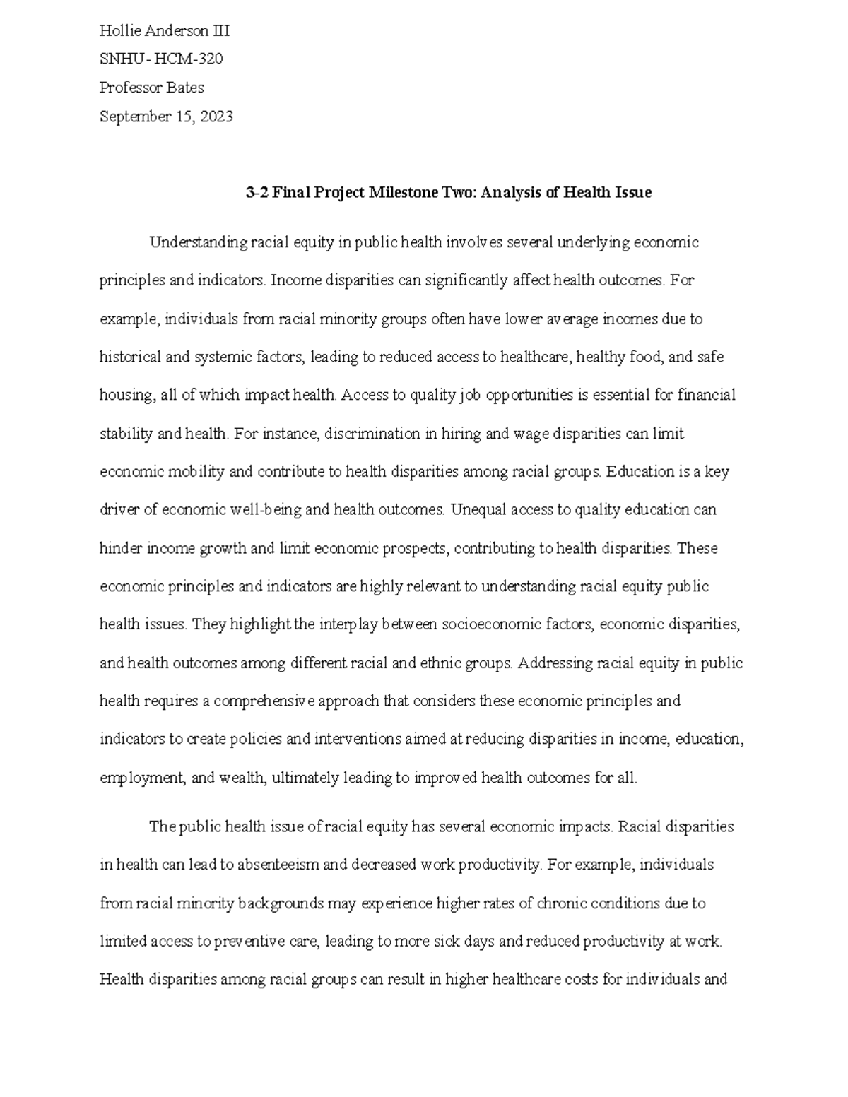 HCM-320 Final Project Milestone Two - SNHU- HCM- Professor Bates ...