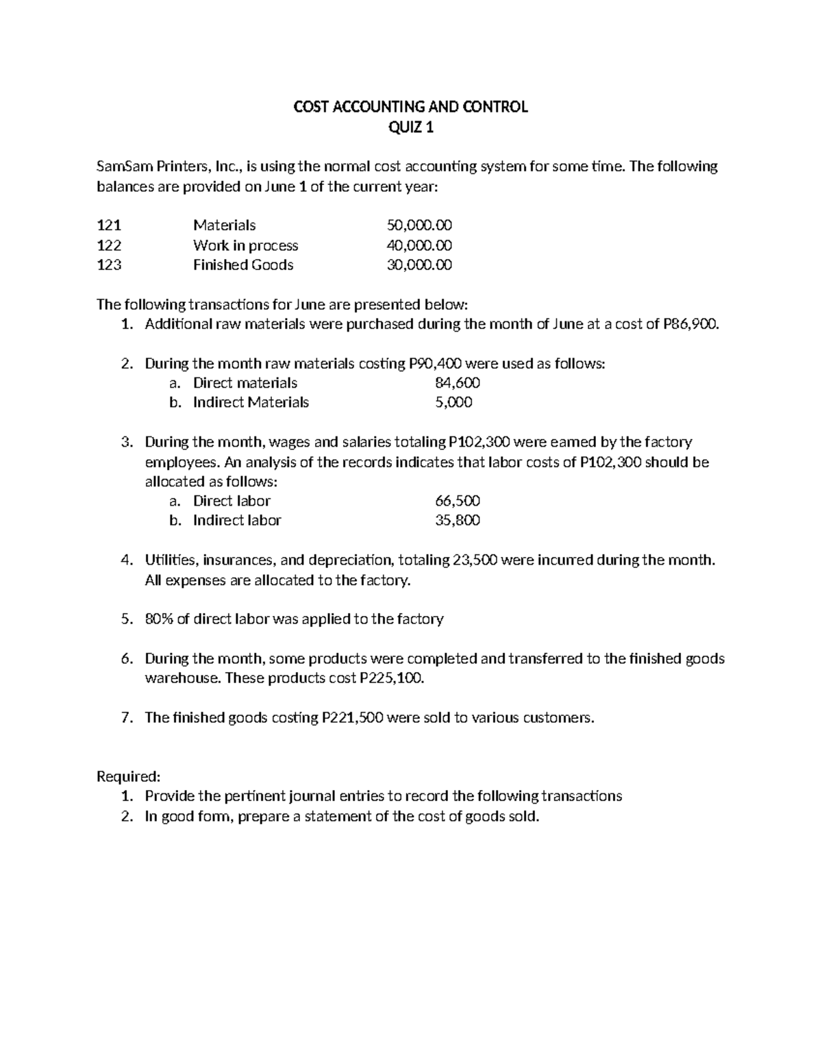 COST Accounting AND Control Quizzes - COST ACCOUNTING AND CONTROL QUIZ ...