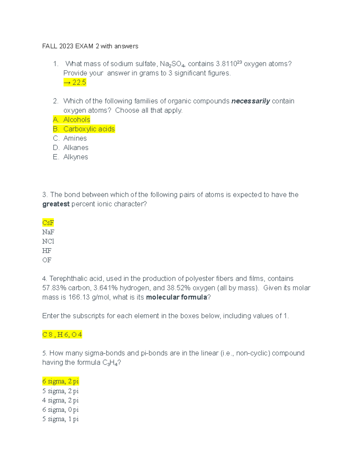 CHEM 161 - Fall 2023 Exam 2 - FALL 2023 EXAM 2 with answers 1. What ...